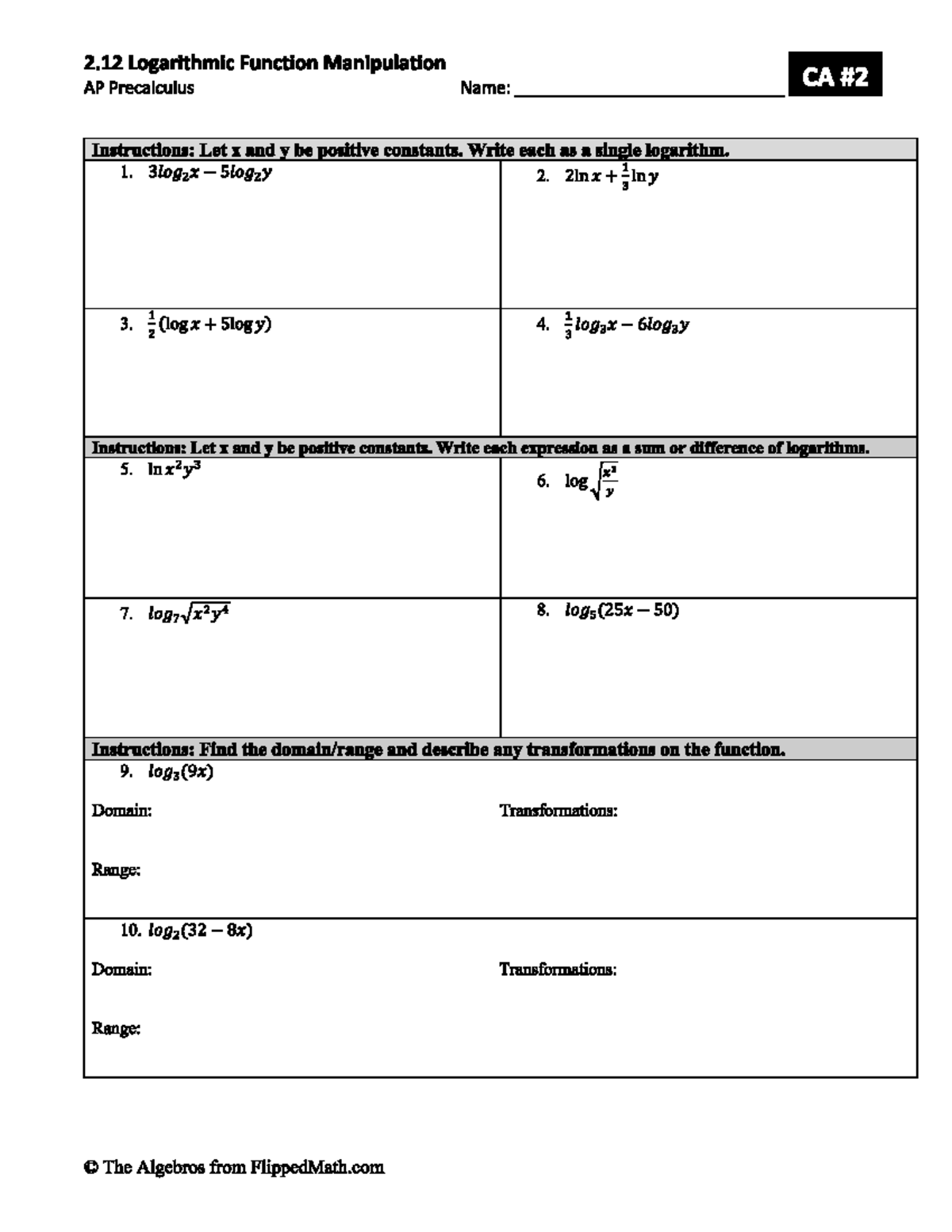 Logarithmic Function Manipulation CA AP Precalculus Notes - Studocu