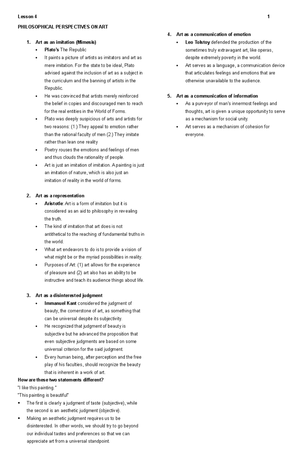 Lesson 4 - Philosophical Perspectives on Art (GEARTS) - Studocu