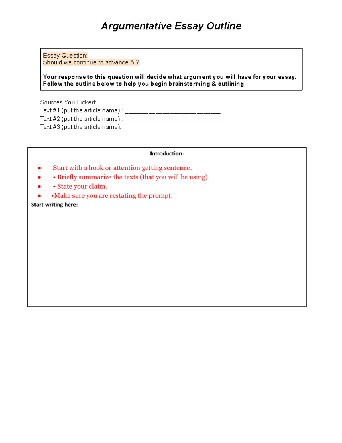 Argument Essay Outline - Argumentative Essay Outline Essay Question ...