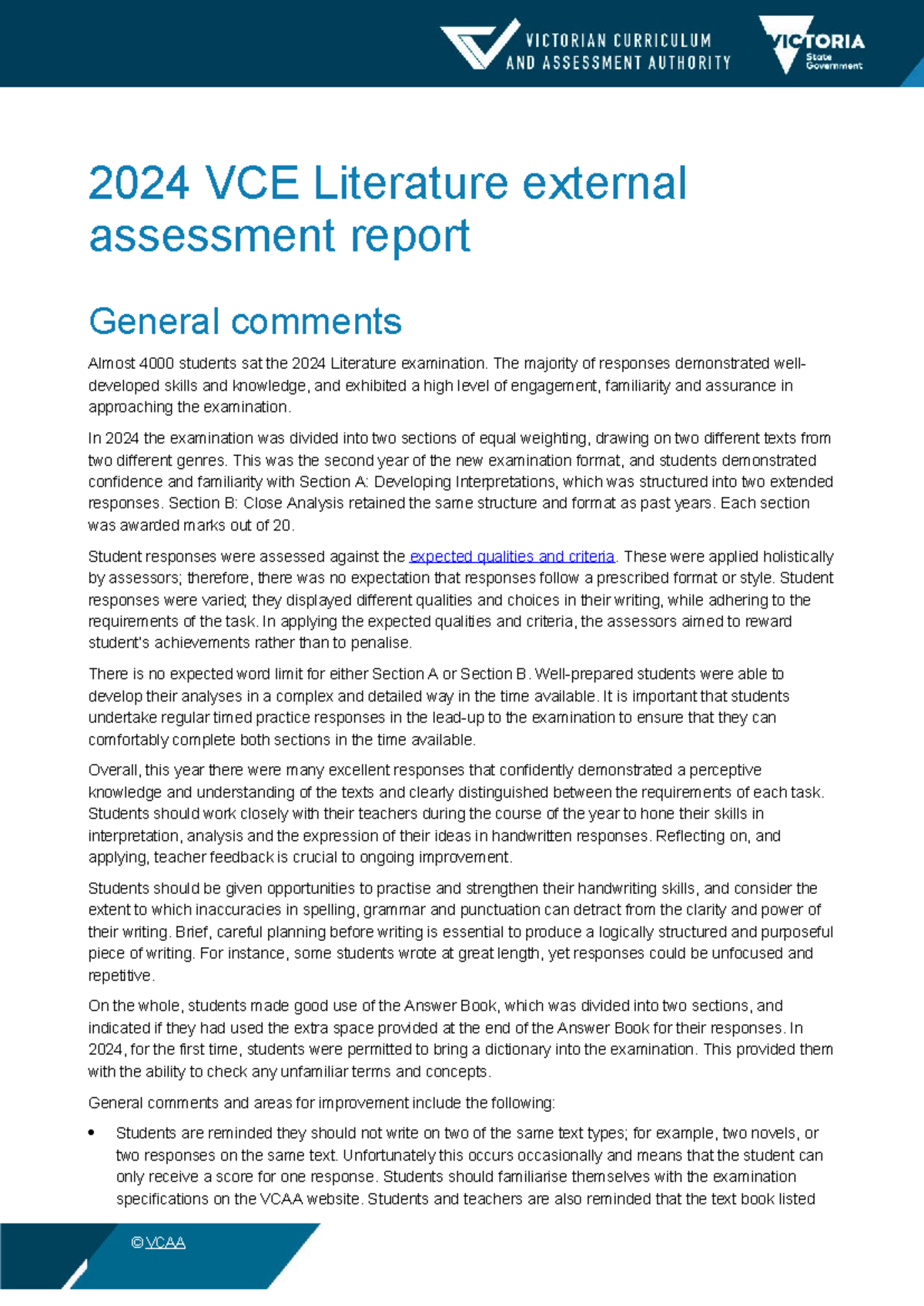 2024 VCE Literature External Assessment Report: Key Insights & Feedback - Studocu