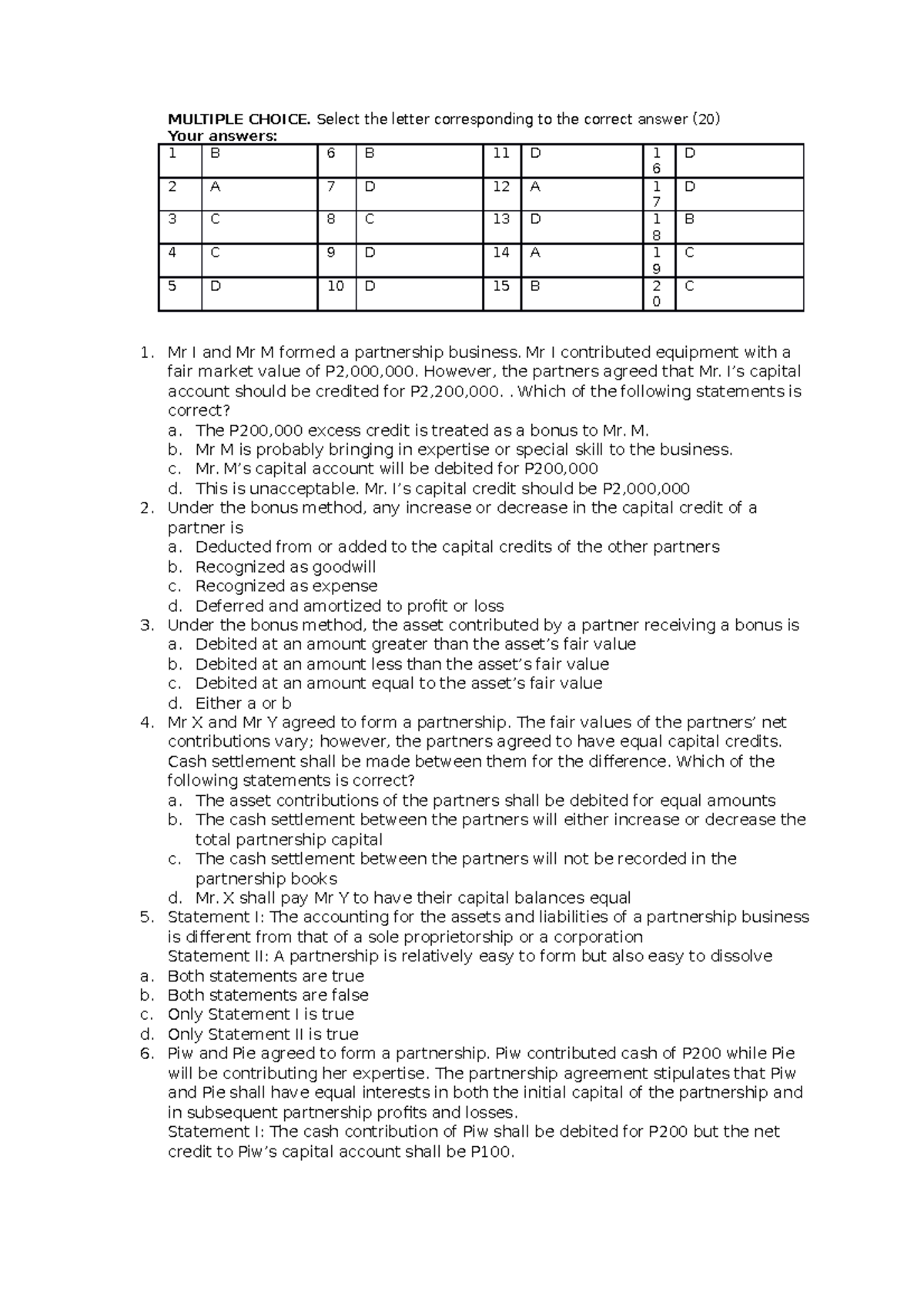 Partnership Quiz: Formation, Dissolution, and Operations MCQs - Studocu