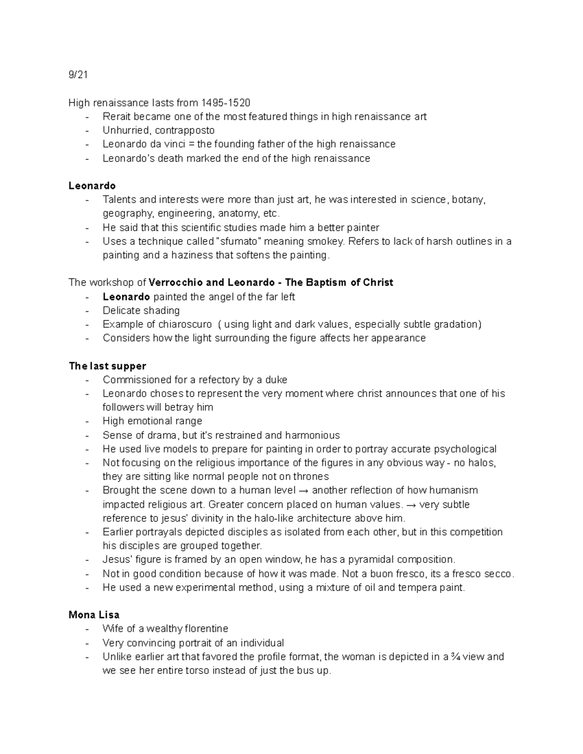 ART 188 Exam 2 Notes: High Renaissance and Key Artists - Studocu