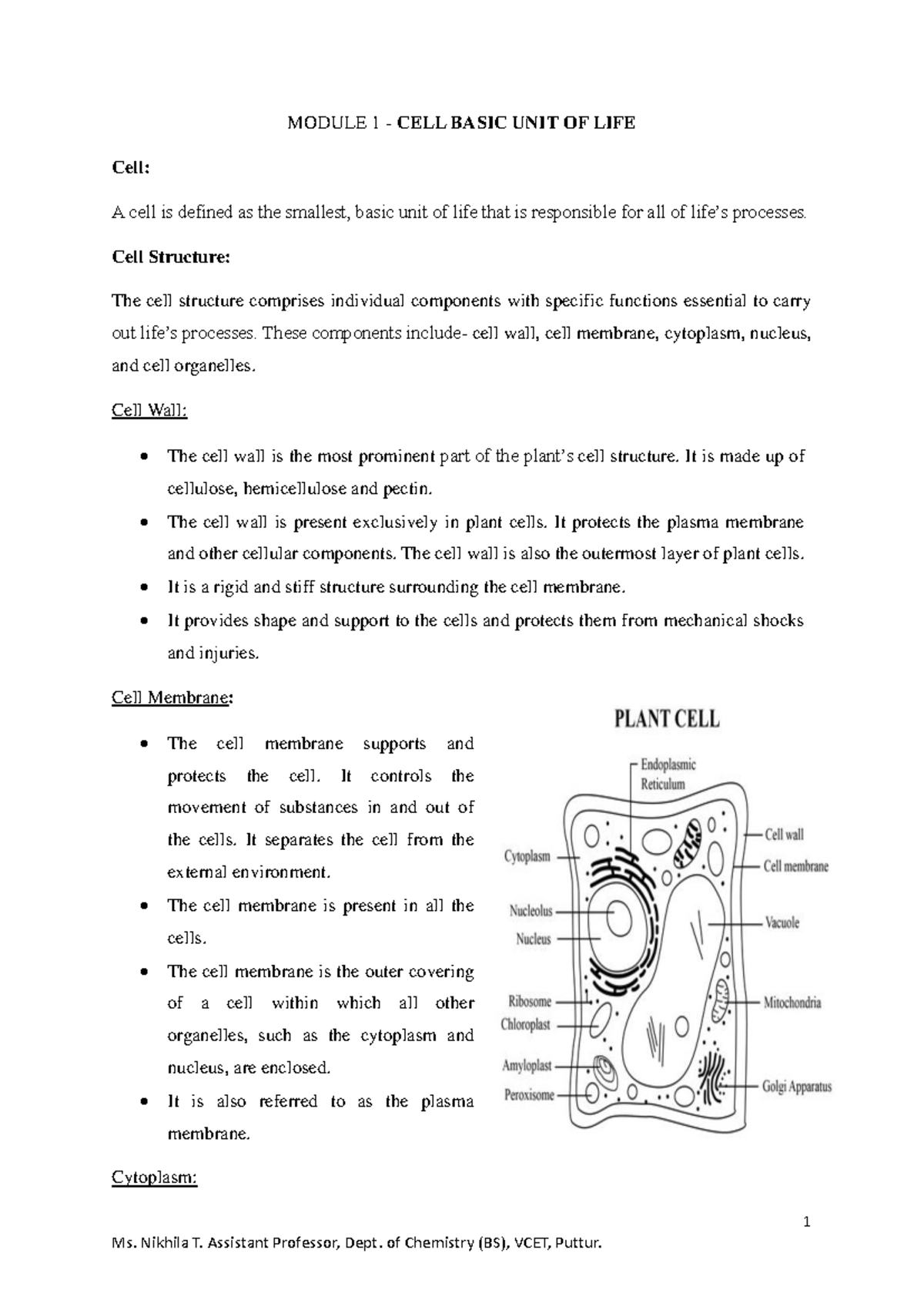 M 1 - Bio - Biology 4th sem lecture notes - 1 MODULE 1 - CELL BASIC ...