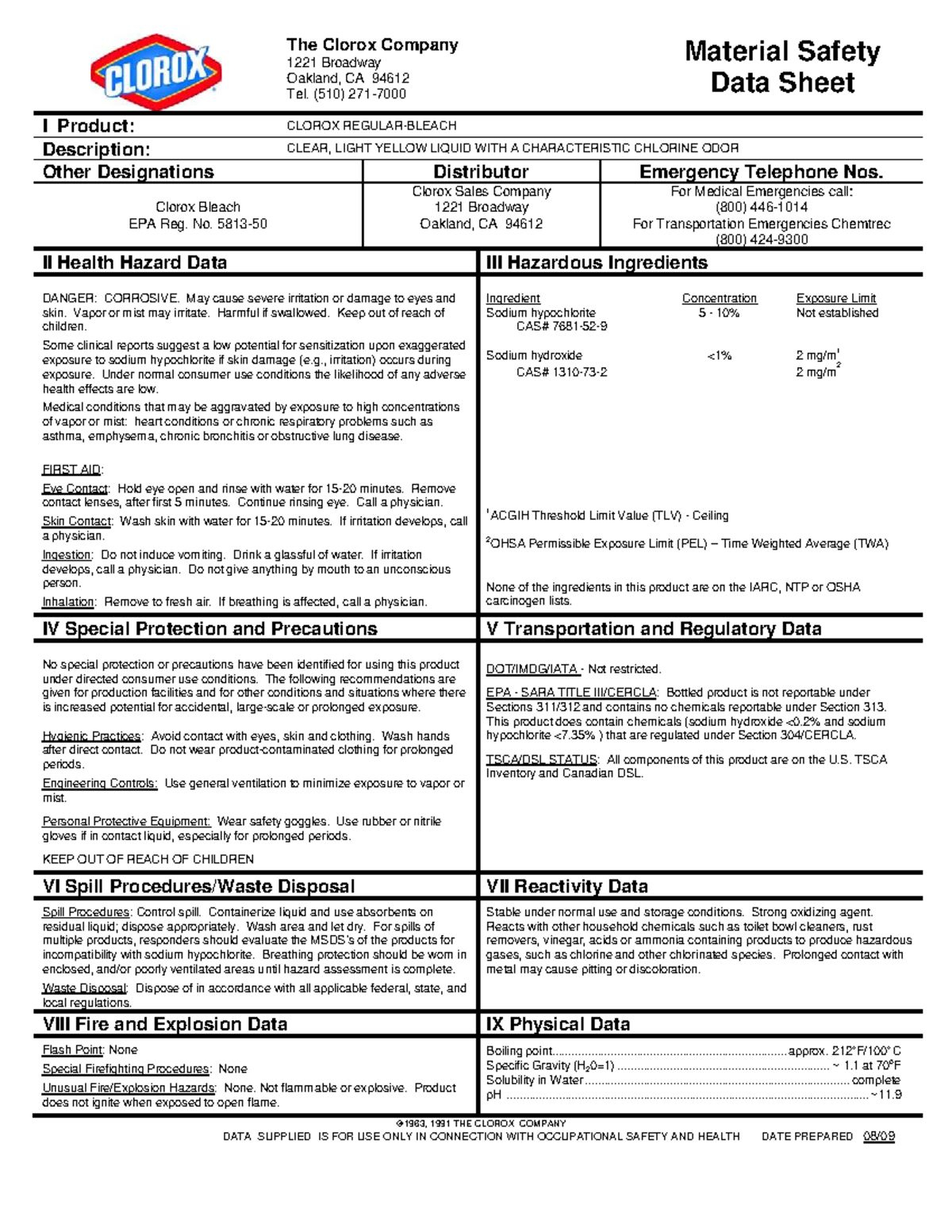 Clorox Company Material Safety Data Sheet (MSDS) - Product Info - Studocu