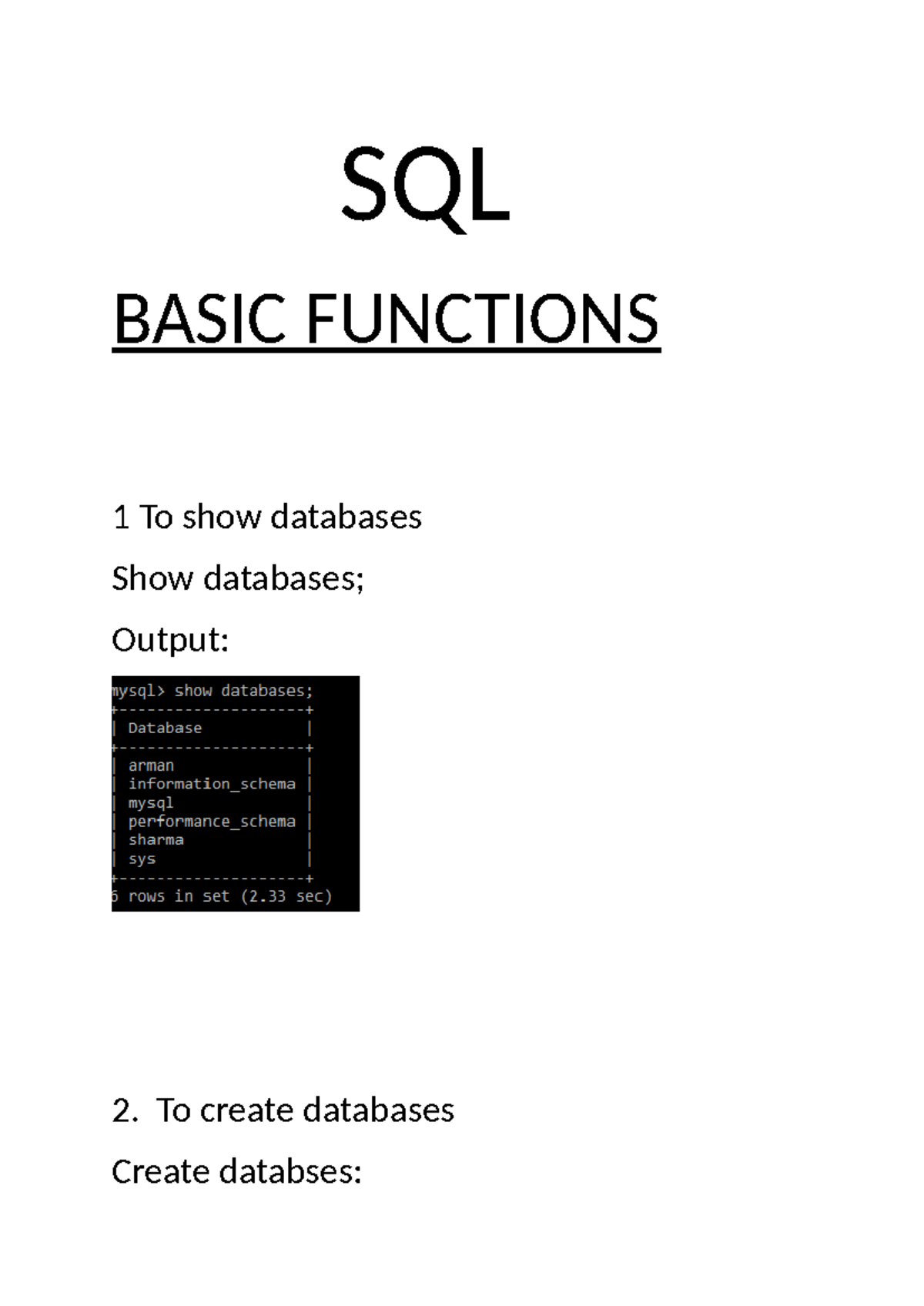 Sql12thfinalised - Digestive - SQL BASIC FUNCTIONS 1 To show databases ...