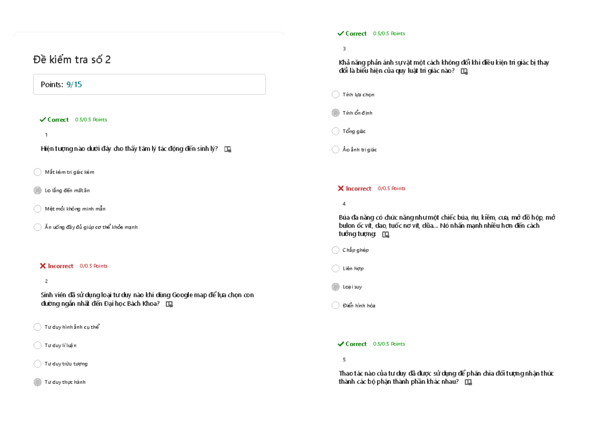 Đề kiểm tra số 2 - Khả năng phản ánh và quy luật tri giác - Studocu