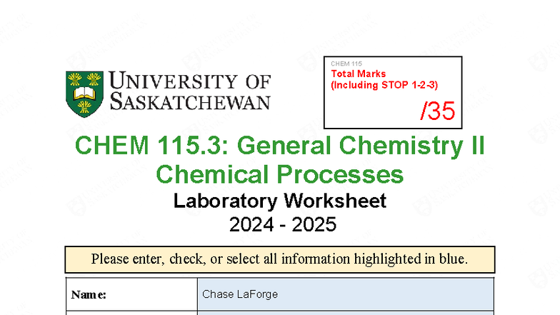 CHEM 115 Lab 7: Enthalpy of Formation of MgO Worksheet 2024-2025 - Studocu