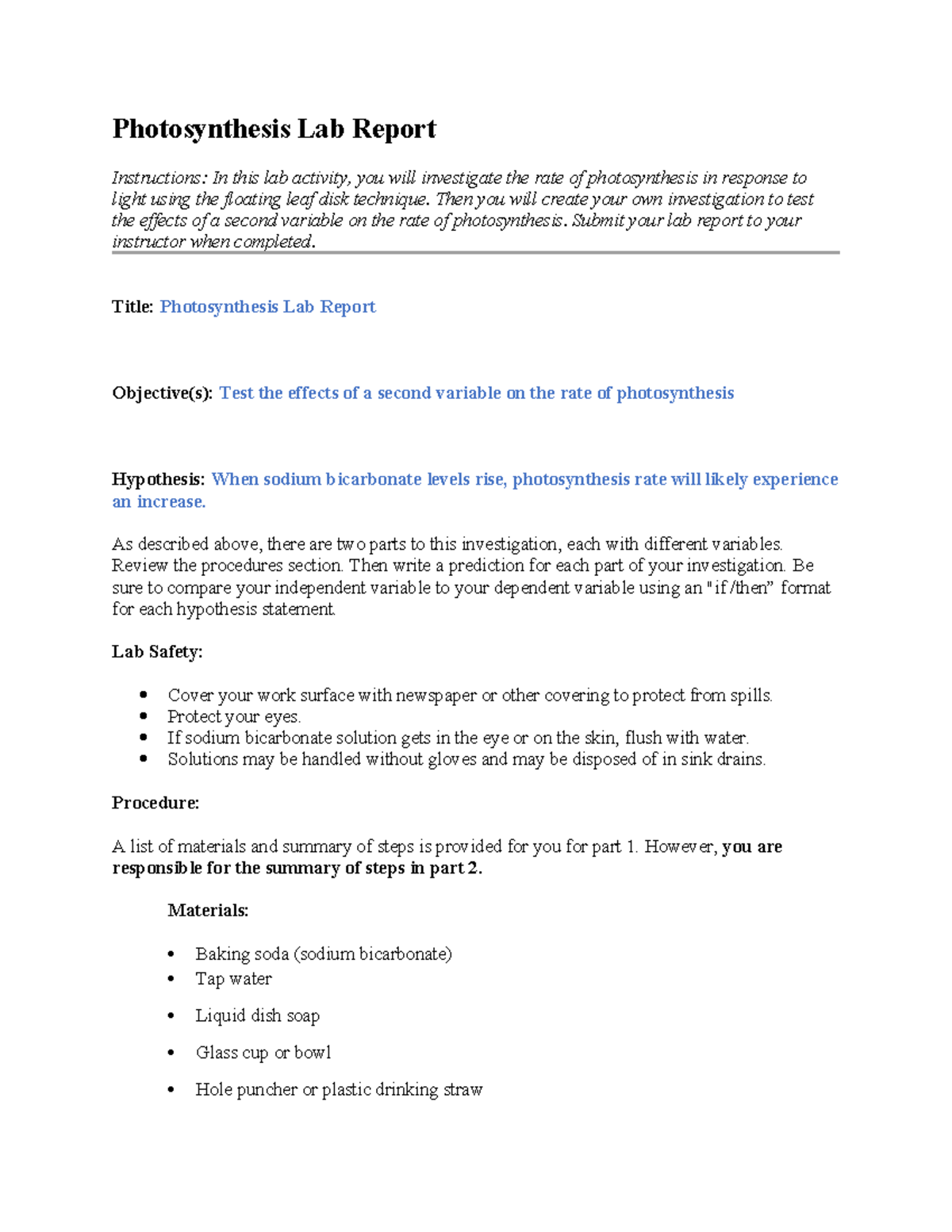 Photosynthesis Lab Report: Investigating Light & Bicarbonate Effects ...