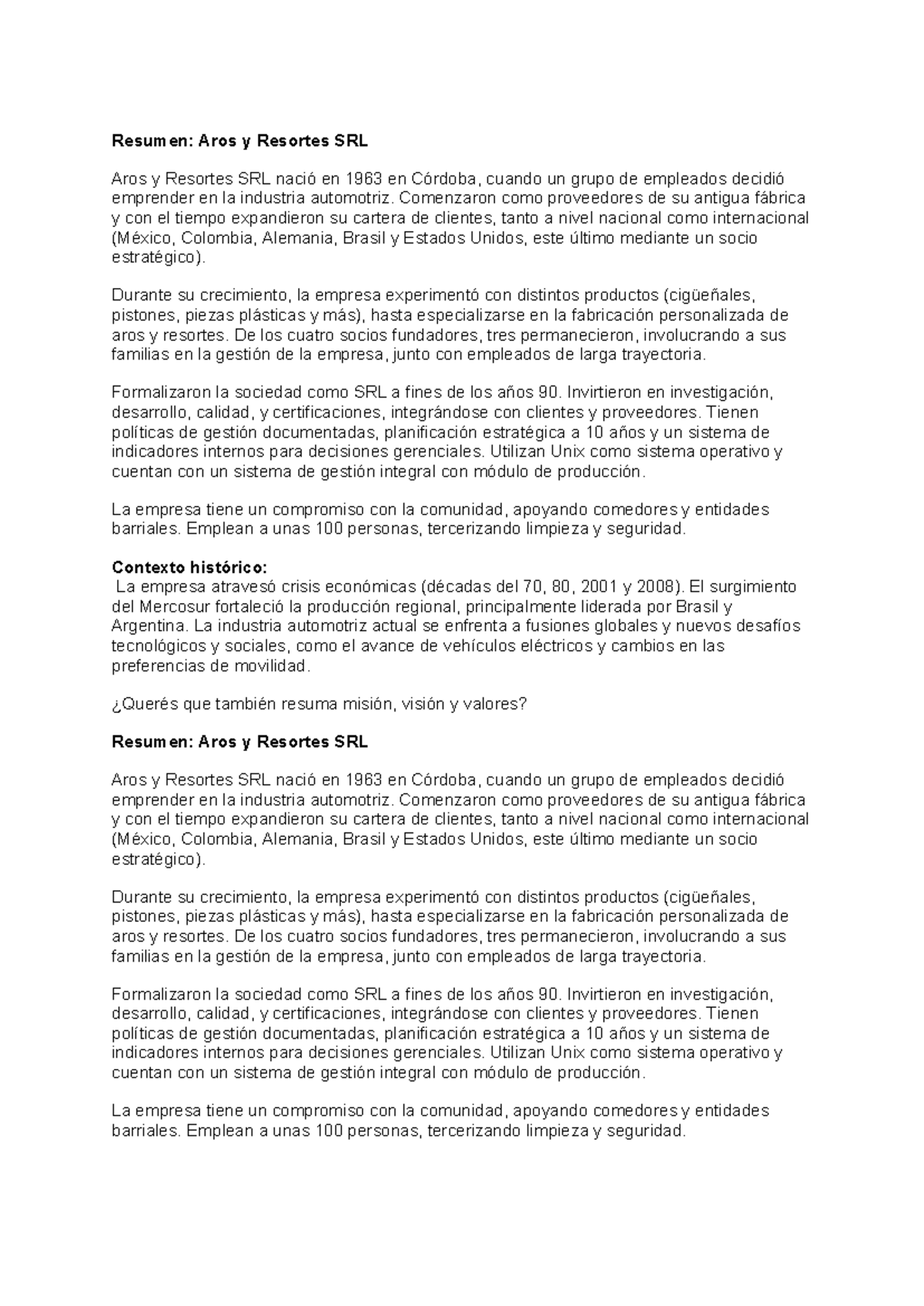 Resumen: Aros y Resortes SRL - Historia, Misión y Visión (Mod 1, Lect 1 ...
