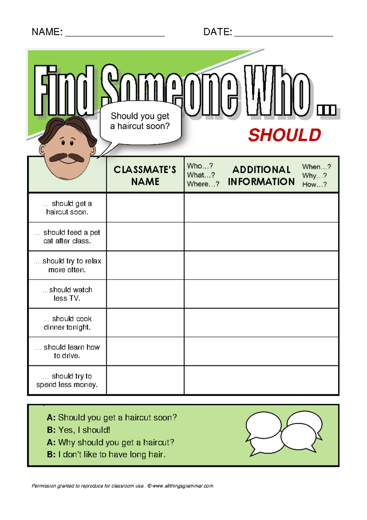English Practice: Should Statements - Findsomeone Activity - Studocu