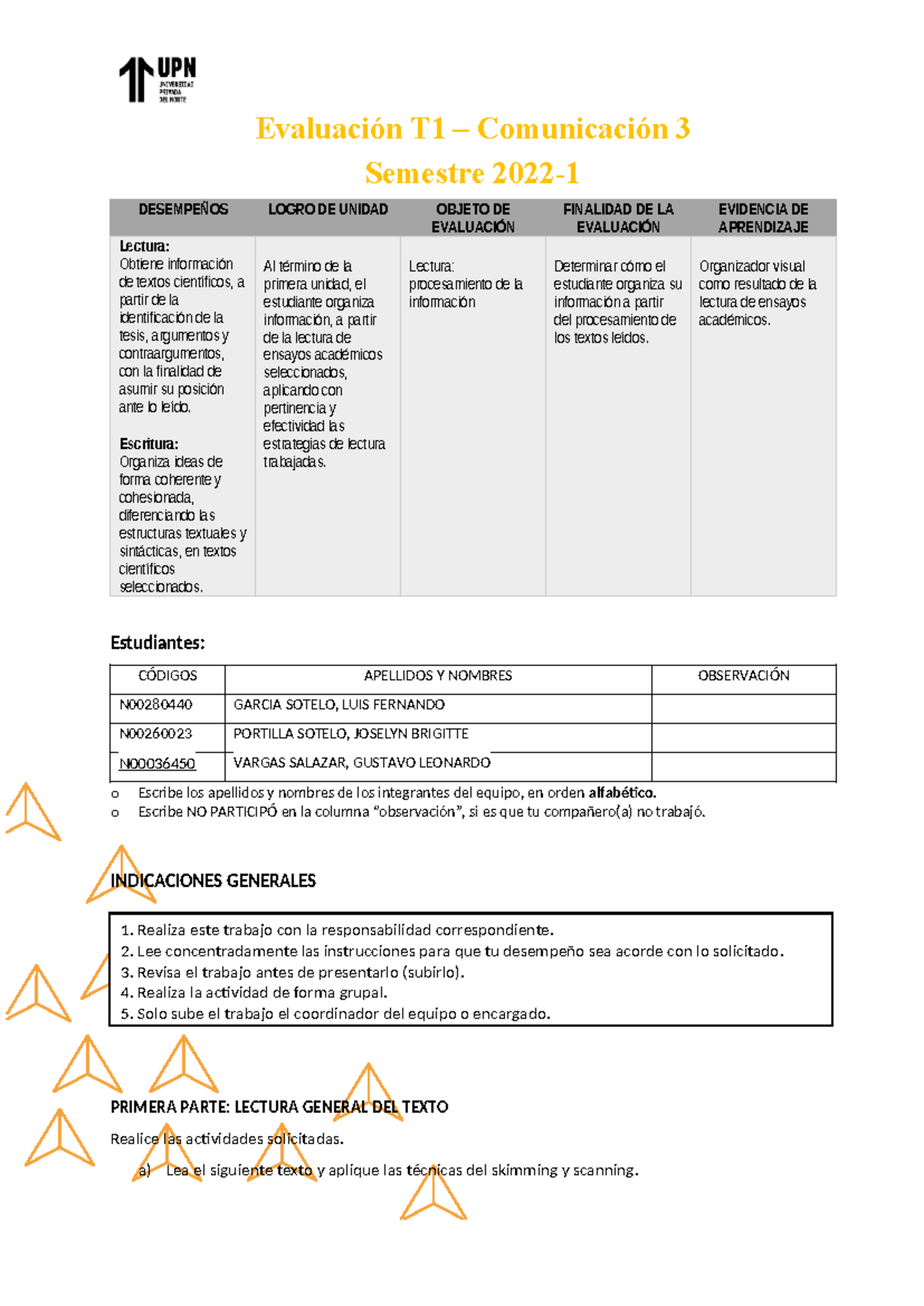 T1 Comunicacion 3 Grupo 15 - Evaluación T1 – Comunicación 3 Semestre 2022- DESEMPEÑOS LOGRO DE ...