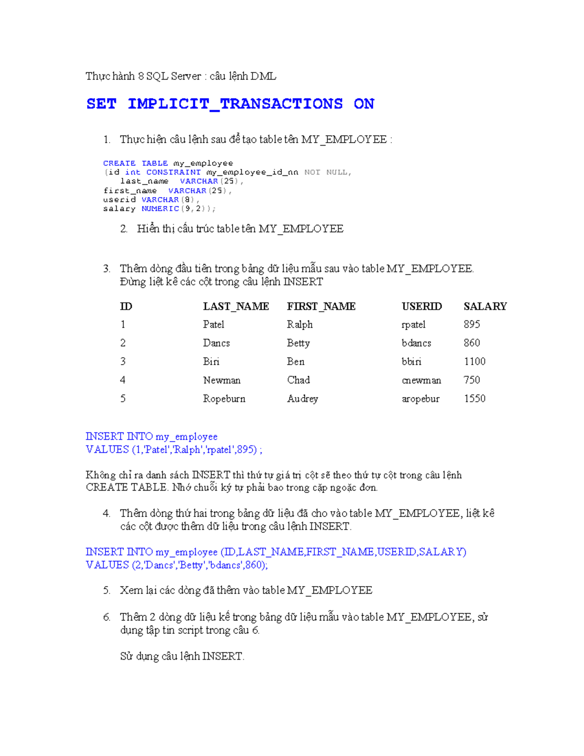 Thực hành 8 SQL Server: Câu lệnh DML và Quản lý Table - Studocu