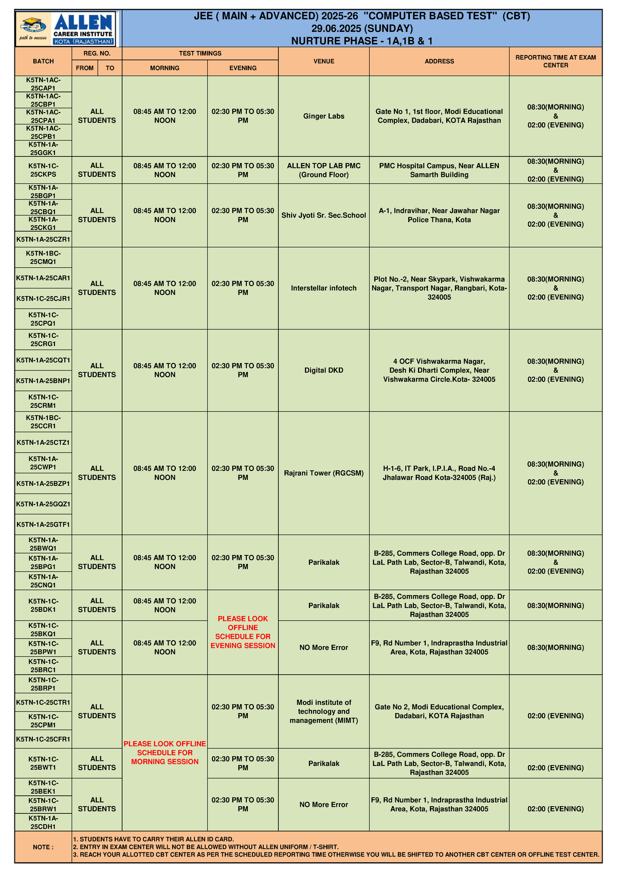 JEE (MAIN ADVANCED) CBT Nurture Phase 1A & 1B Exam Schedule - Studocu