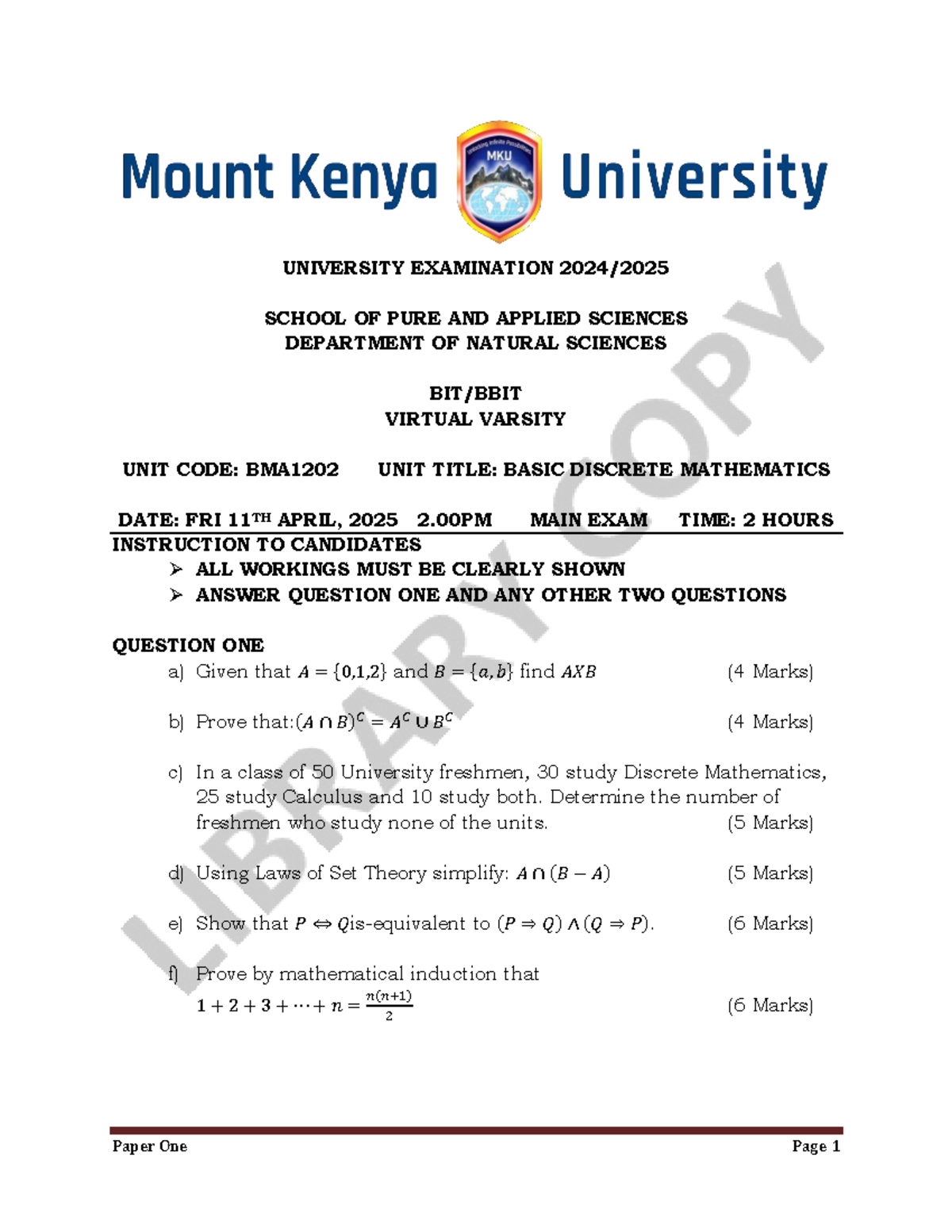 BMA1202 Final Exam: Basic Discrete Mathematics Questions and Solutions ...