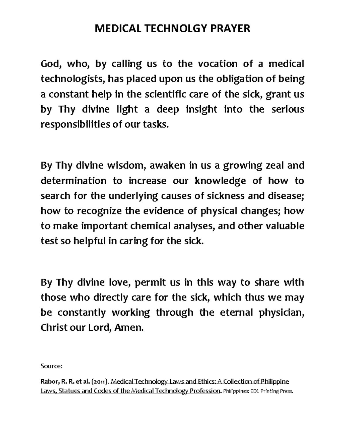 MEDTECH 101: Prayer for Medical Technologists - Studocu