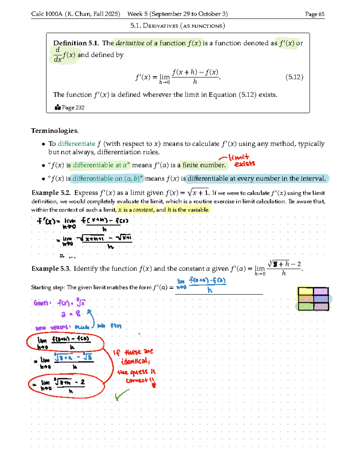 Calc (K. Chan, Fall 2025) Week 5 Notes on Derivatives and Continuity ...