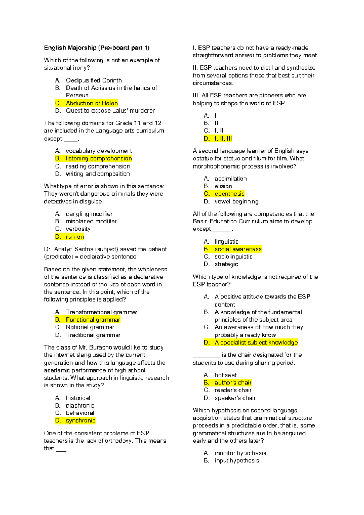 English Majorship Pre Board Exam Review 1 - Studocu