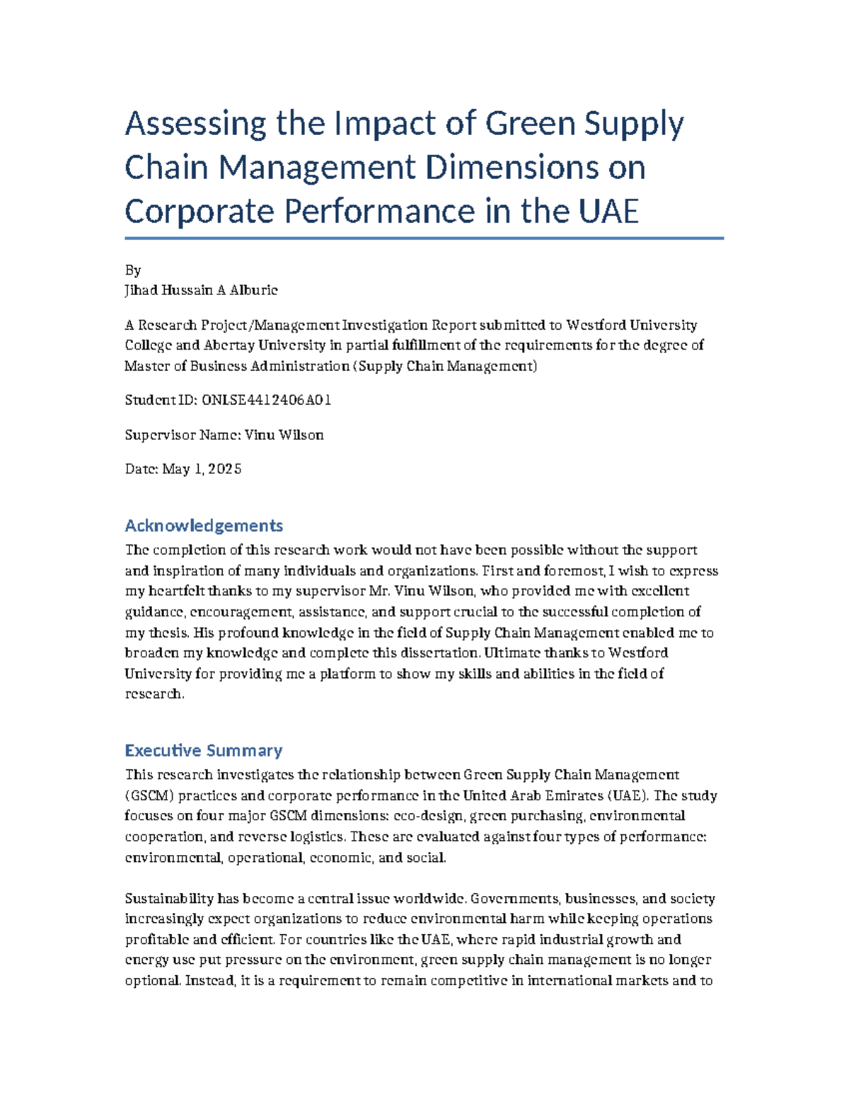 GSCM MBA Dissertation: Impact of Green Supply Chain on UAE Corporate ...