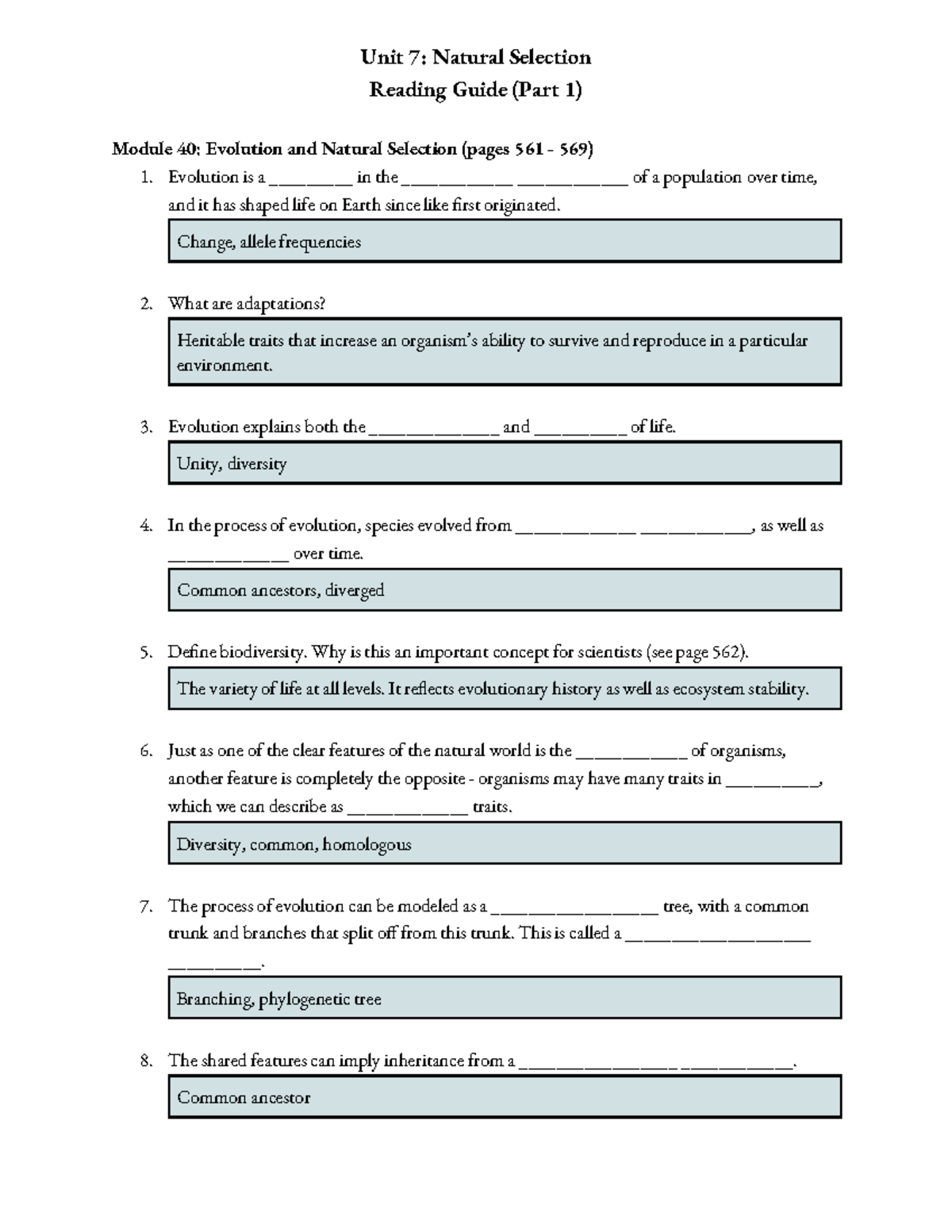 Unit 7: Natural Selection Reading Guide (Part 1) - Module 40 Insights ...