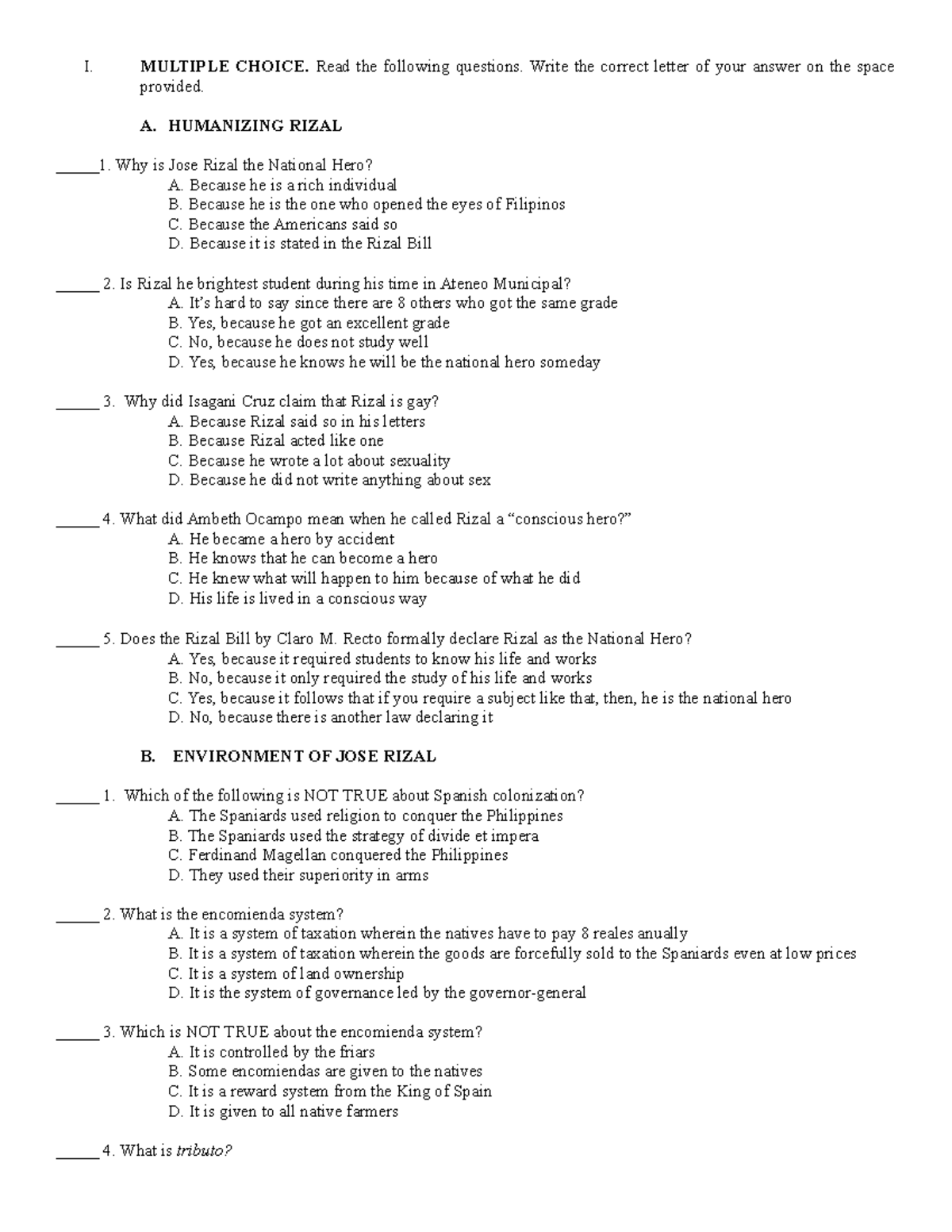 Rizal Exam Review - Multiple Choice Questions and Answers - Studocu
