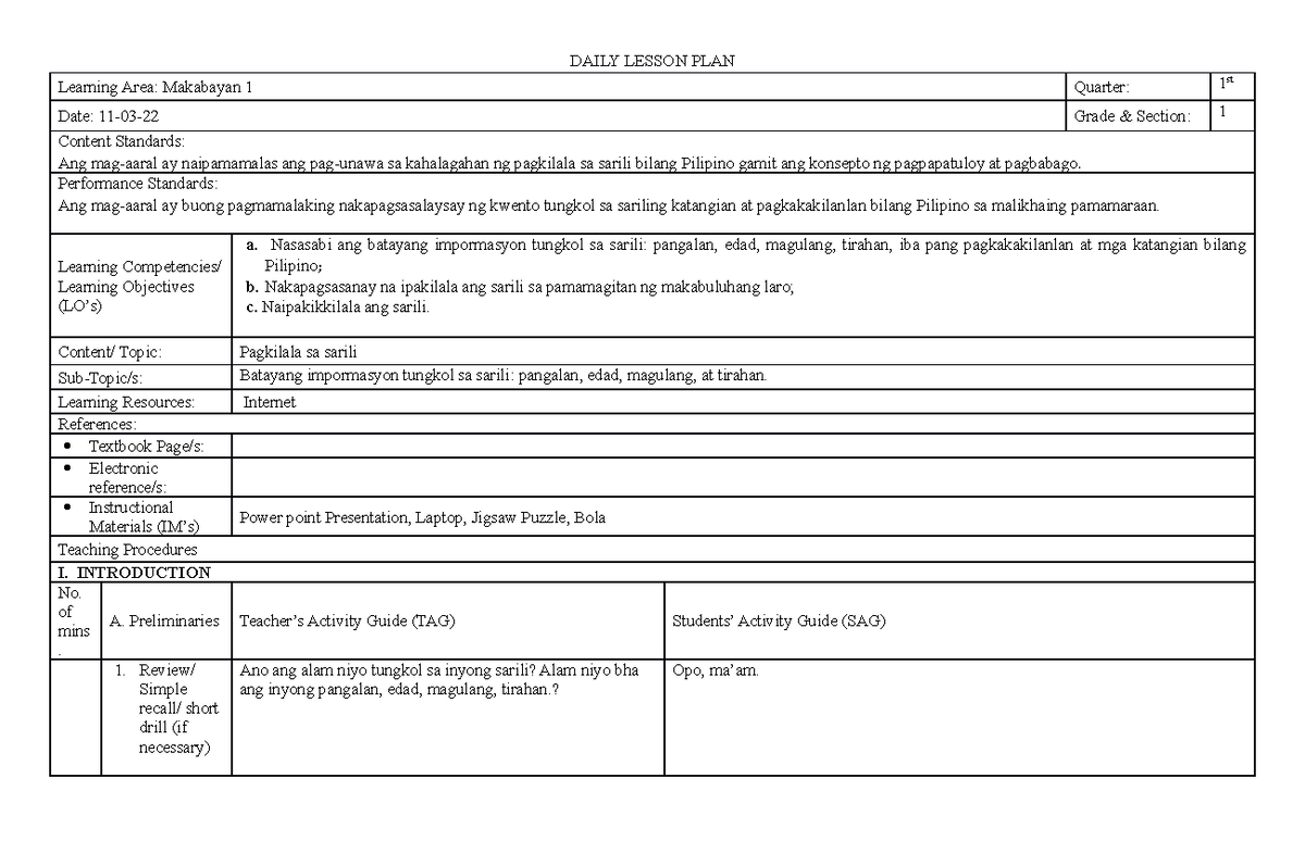 Lesson Plan for Grade 1: Pagkilala sa Sarili (Makabayan 1) - Studocu
