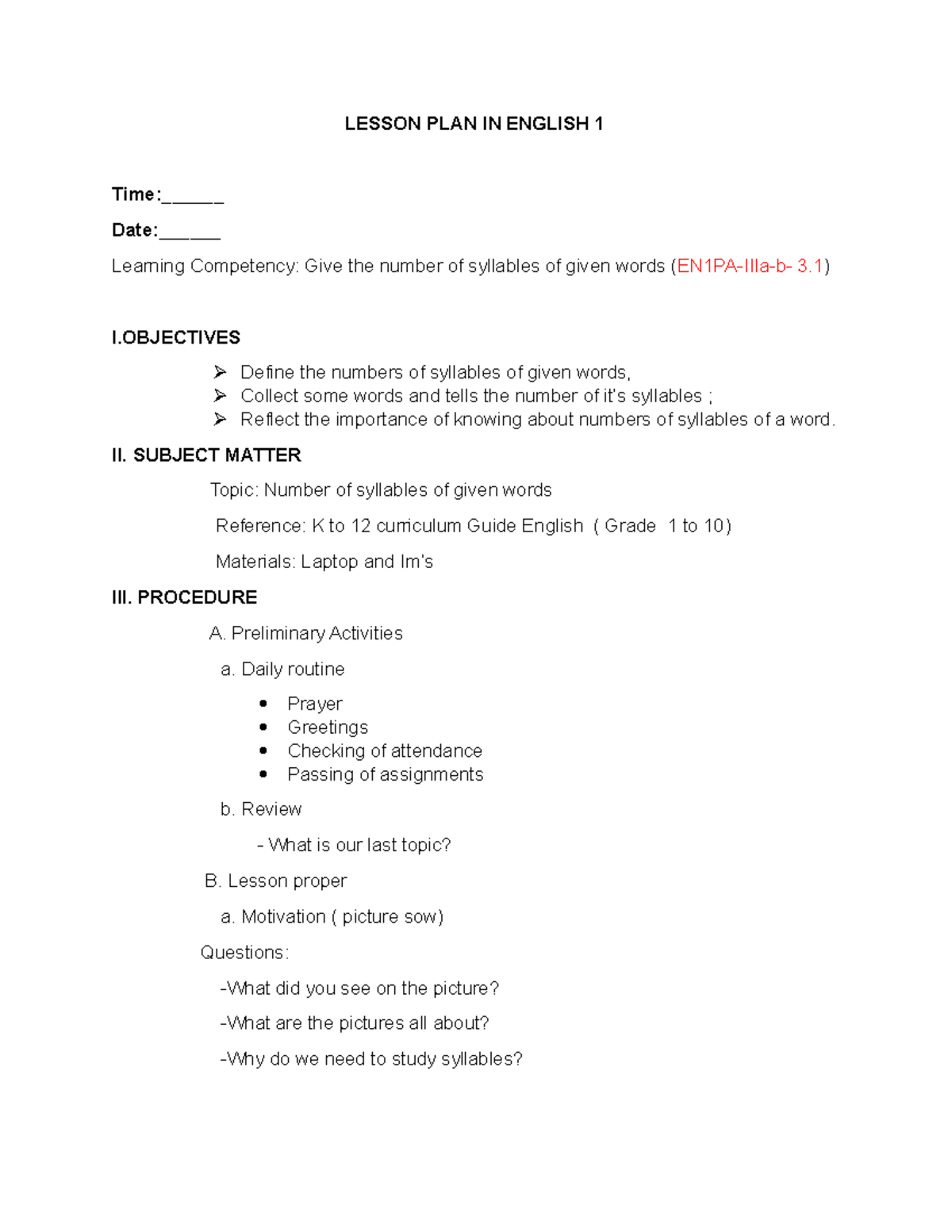 555825160 Eng 1 Lesson Plan: Counting Syllables in Words - Studocu
