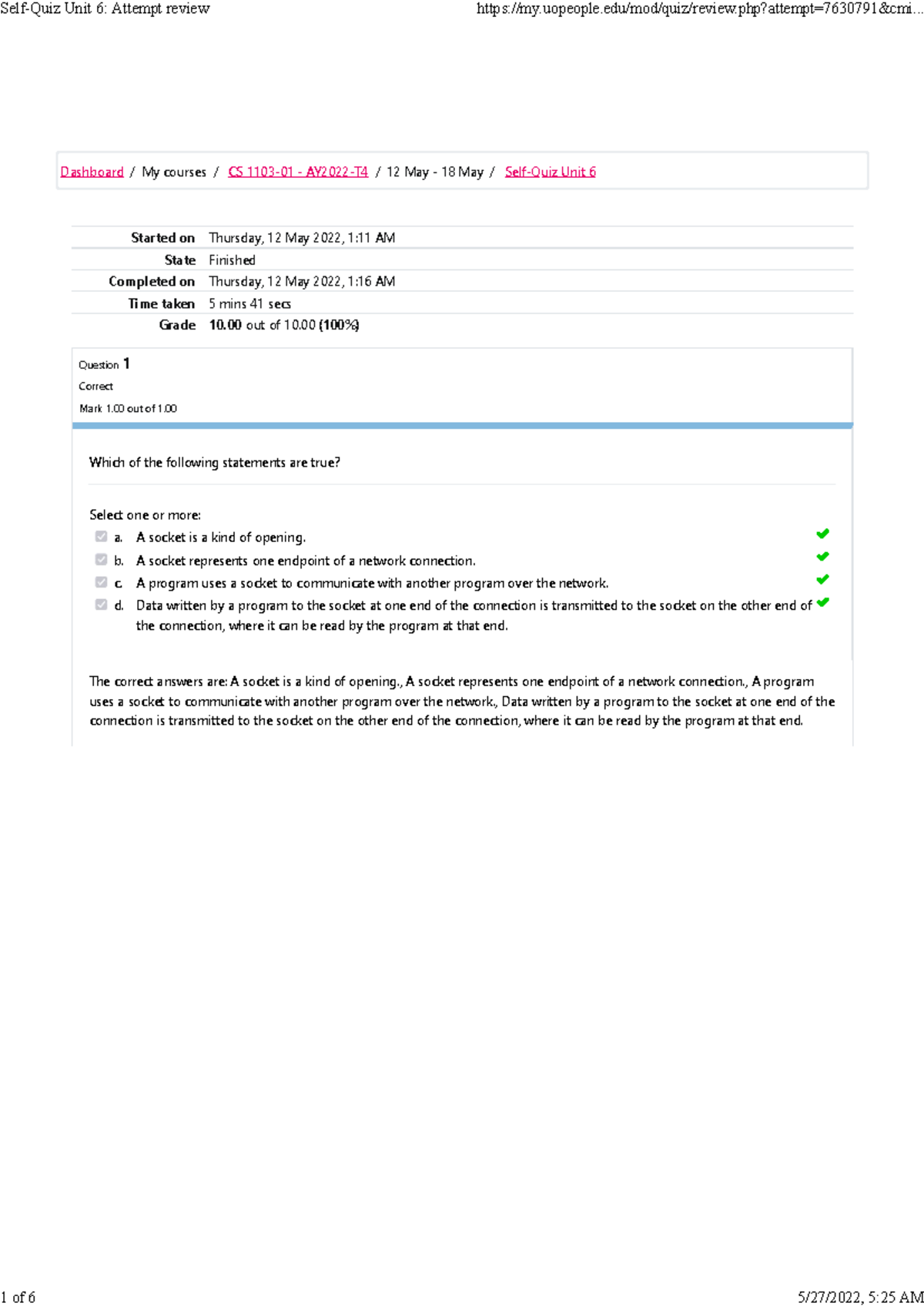 Self-Quiz unit 6 - This is the Self-Quiz of unit 6 solved- programming 2 CS 1103 AY2022 T4 ...