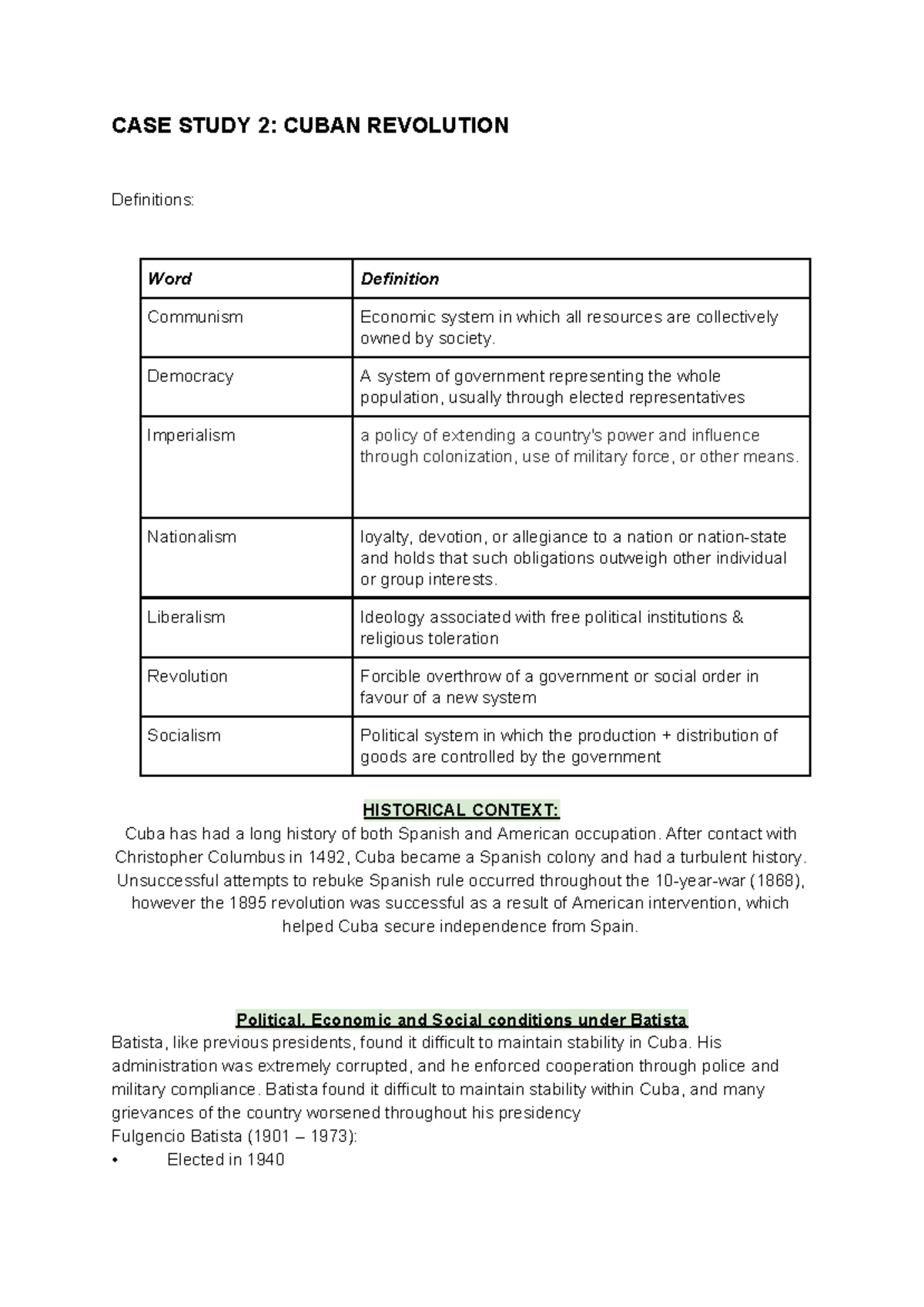 CASE STUDY 2: CUBAN REVOLUTION - Key Definitions and Historical Context ...