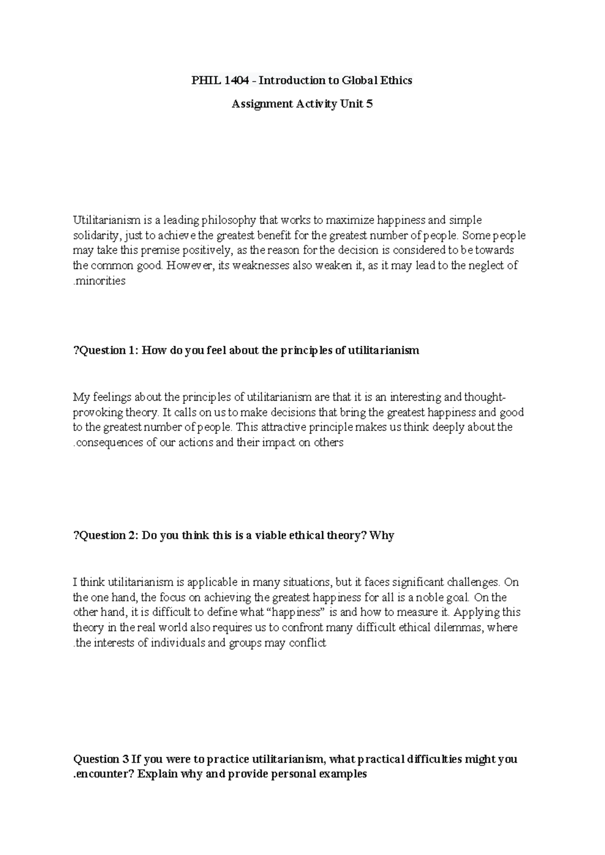 PHIL 1402 - PHIL 1404 - Ethics and Social Responsibility - PHIL 1404 - Introduction to Global ...