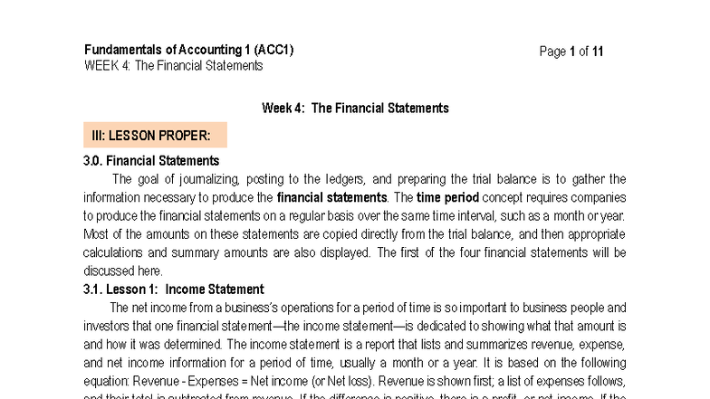 Fundamentals of Accounting 1 (ACC1) WEEK 4: Financial Statements ...