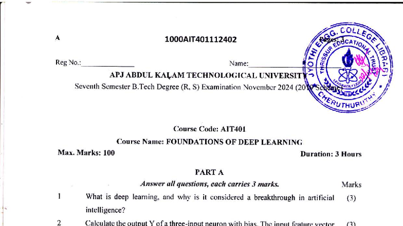 DL QP: AIT401 Foundations of Deep Learning - All Question Papers - Studocu