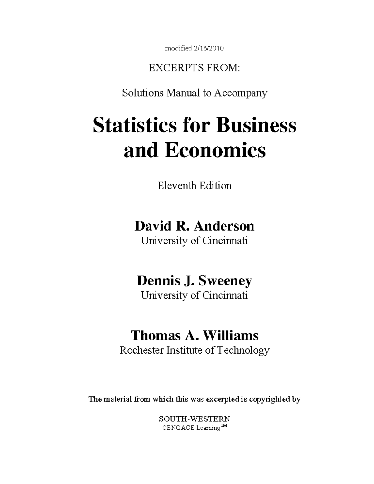 Pdfcoffee - Statistics - modified 2/16/ EXCERPTS FROM: Solutions Manual to Accompany Statistics ...