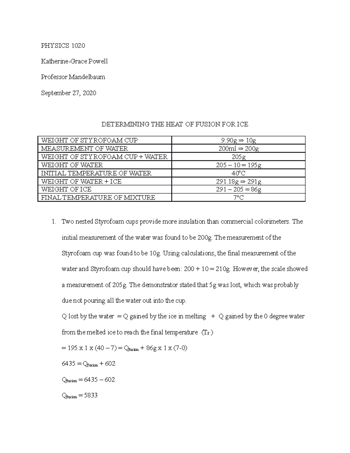 Determining the heat of fusion for ice (Physics) - PHYSICS 1020 ...