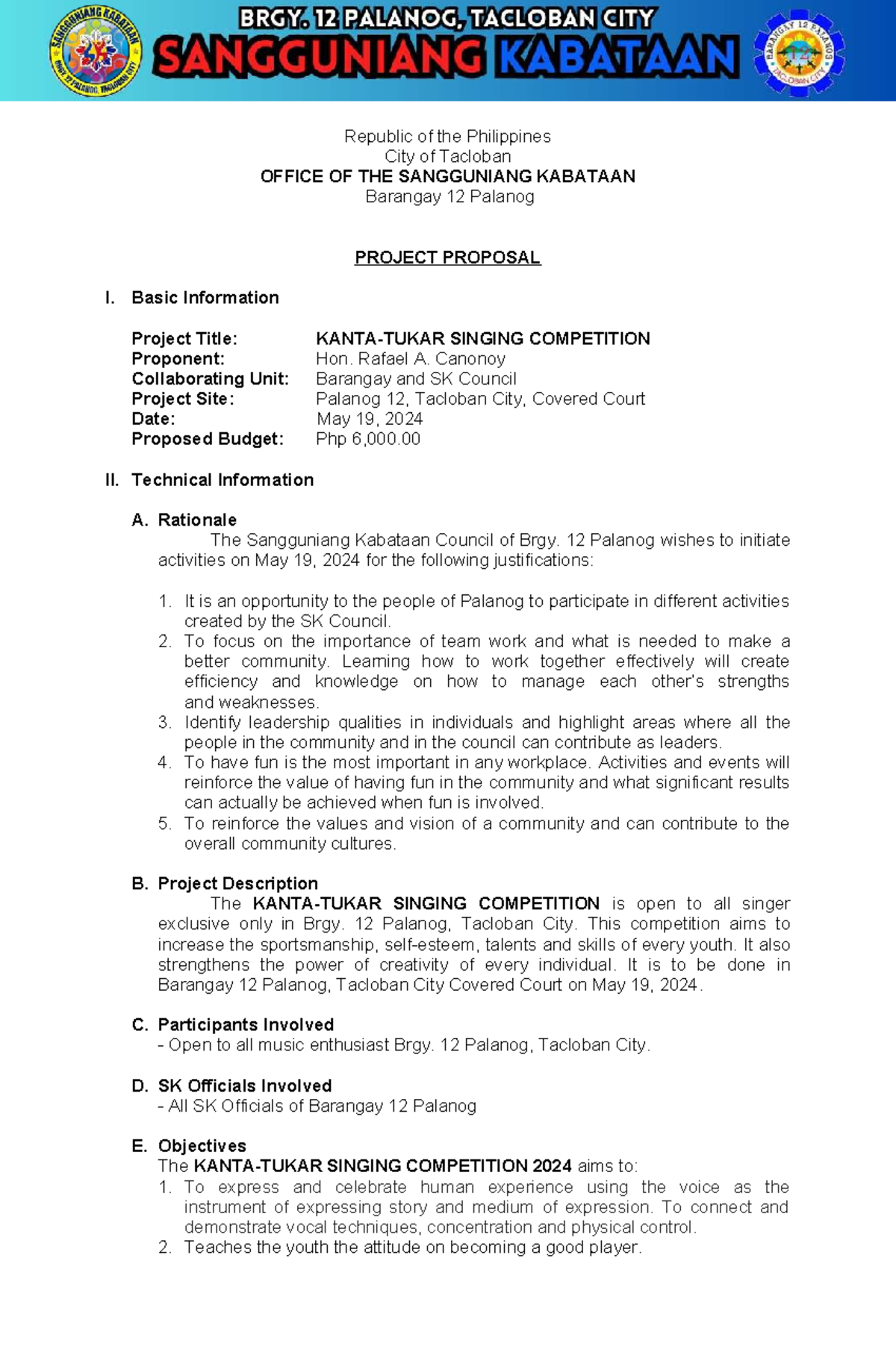 KANTA-TUKAR Singing Competition Proposal - Brgy. 12 Palanog SC 2024 ...
