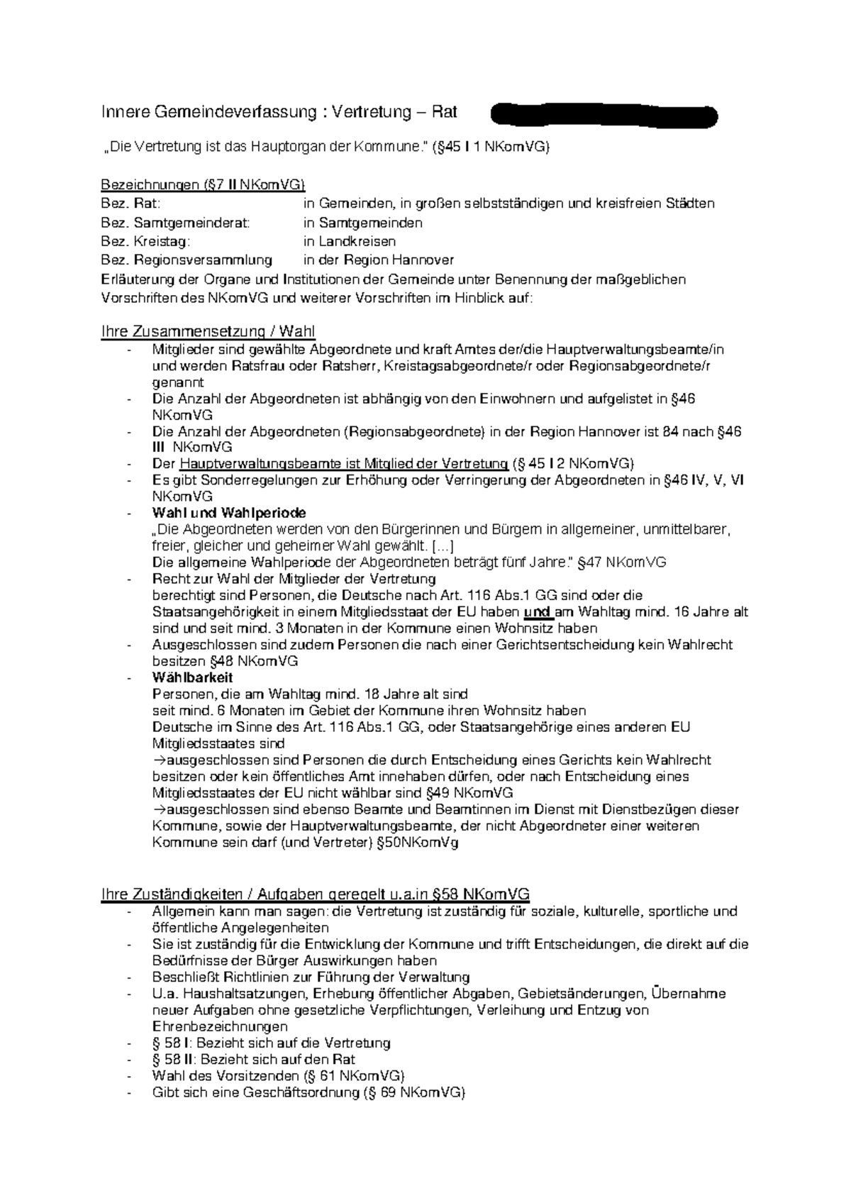 Vertretung in der Gemeinde: Organ, Wahl und Zuständigkeiten (NKomVG ...