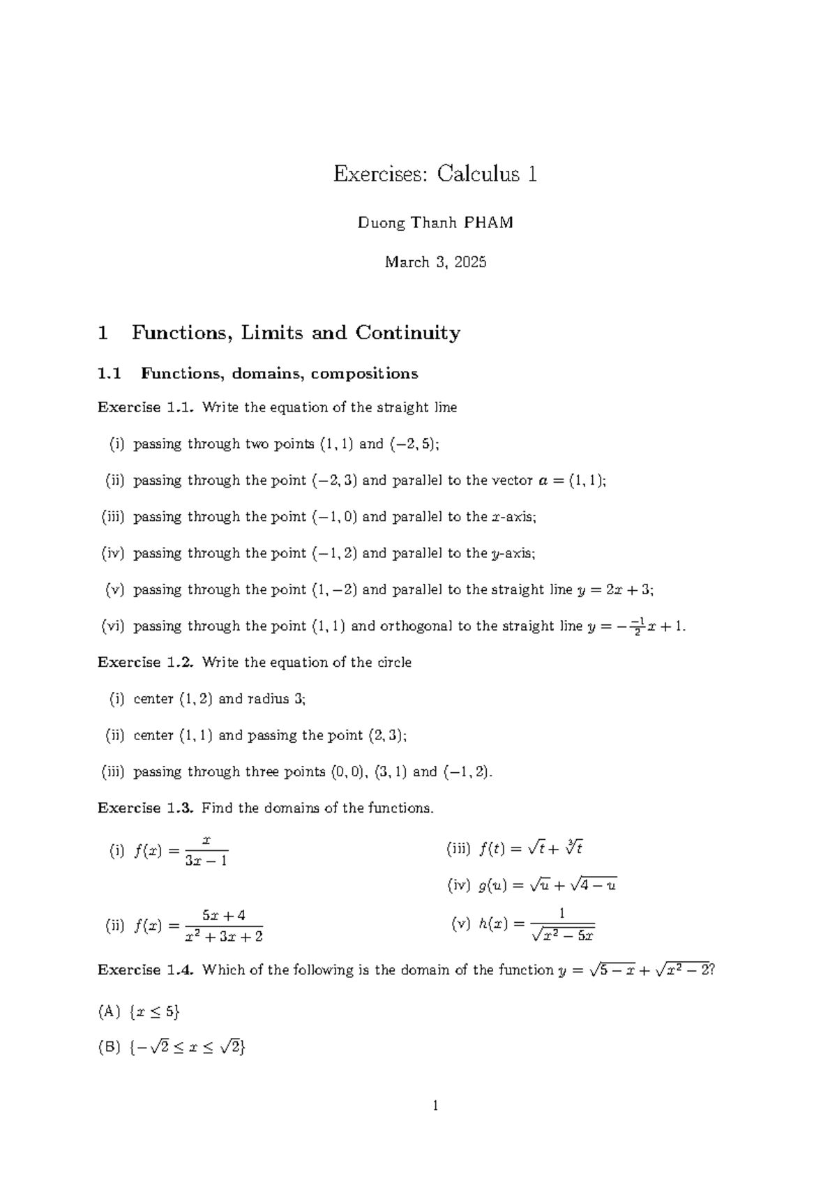 Exercises: Calculus I (MATH 101) - Functions, Limits, and Continuity - Studocu