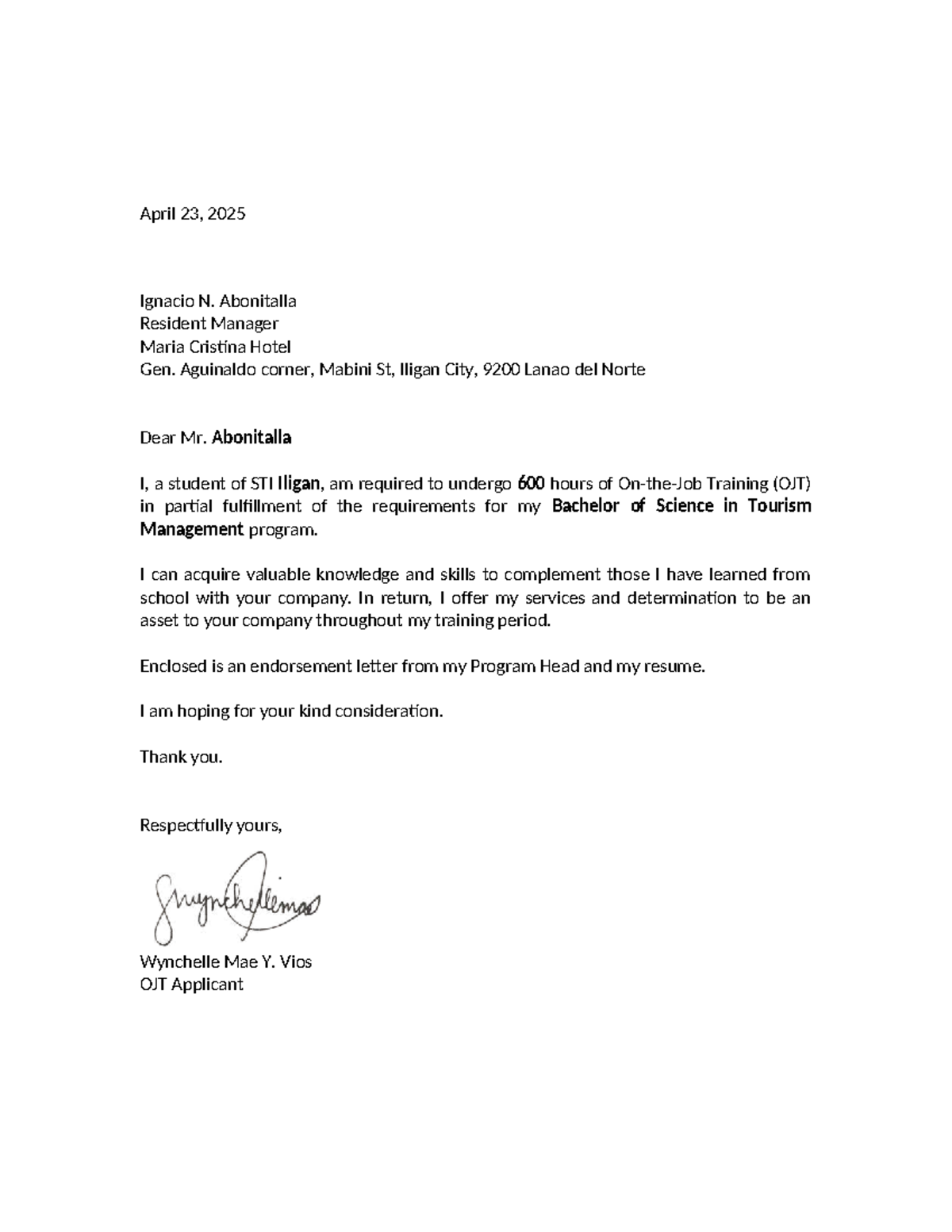 Me Application Letter - For OJT requirements. - April 23, 2025 Ignacio ...
