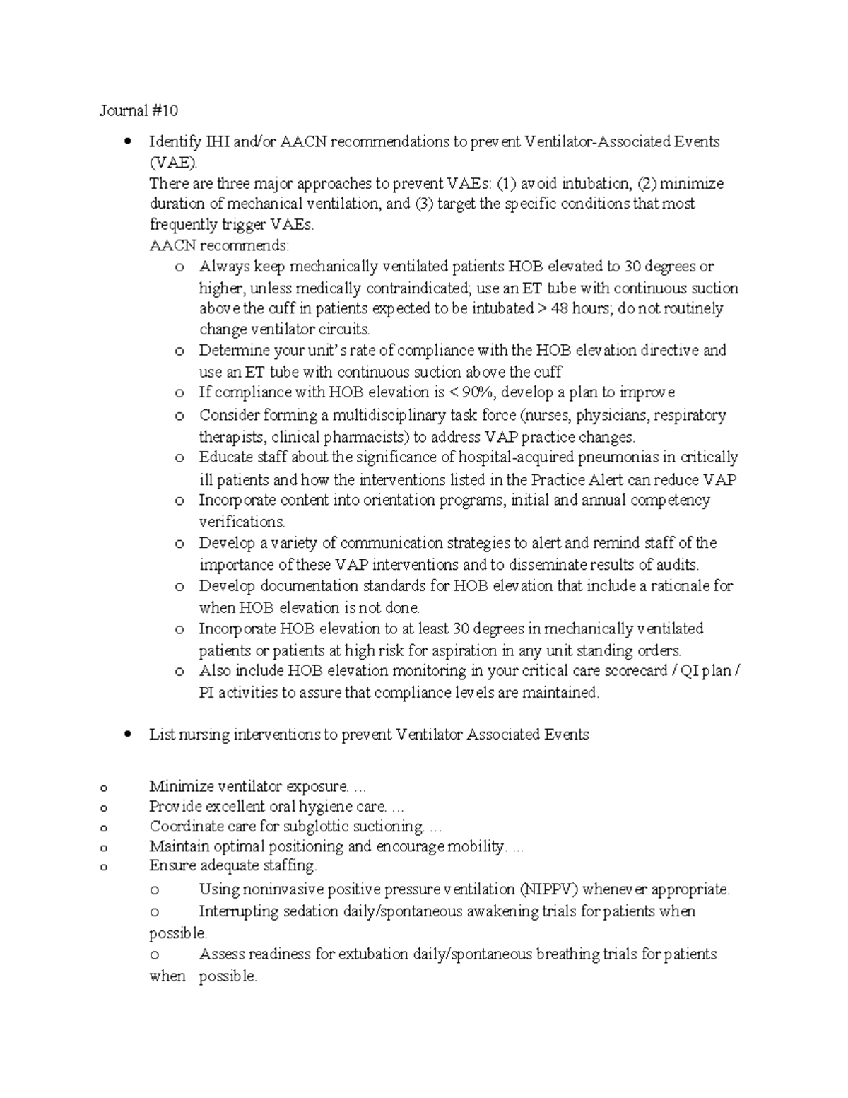 274 Journal 10 - Journal Identify IHI and/or AACN recommendations to ...