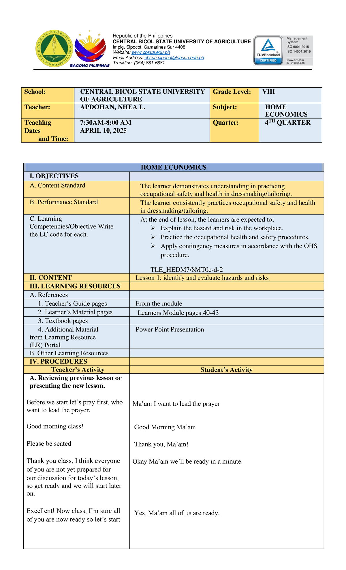 Home Economics Lesson Plan: OHS & Hand Tools (HE 4th Qtr) - Studocu