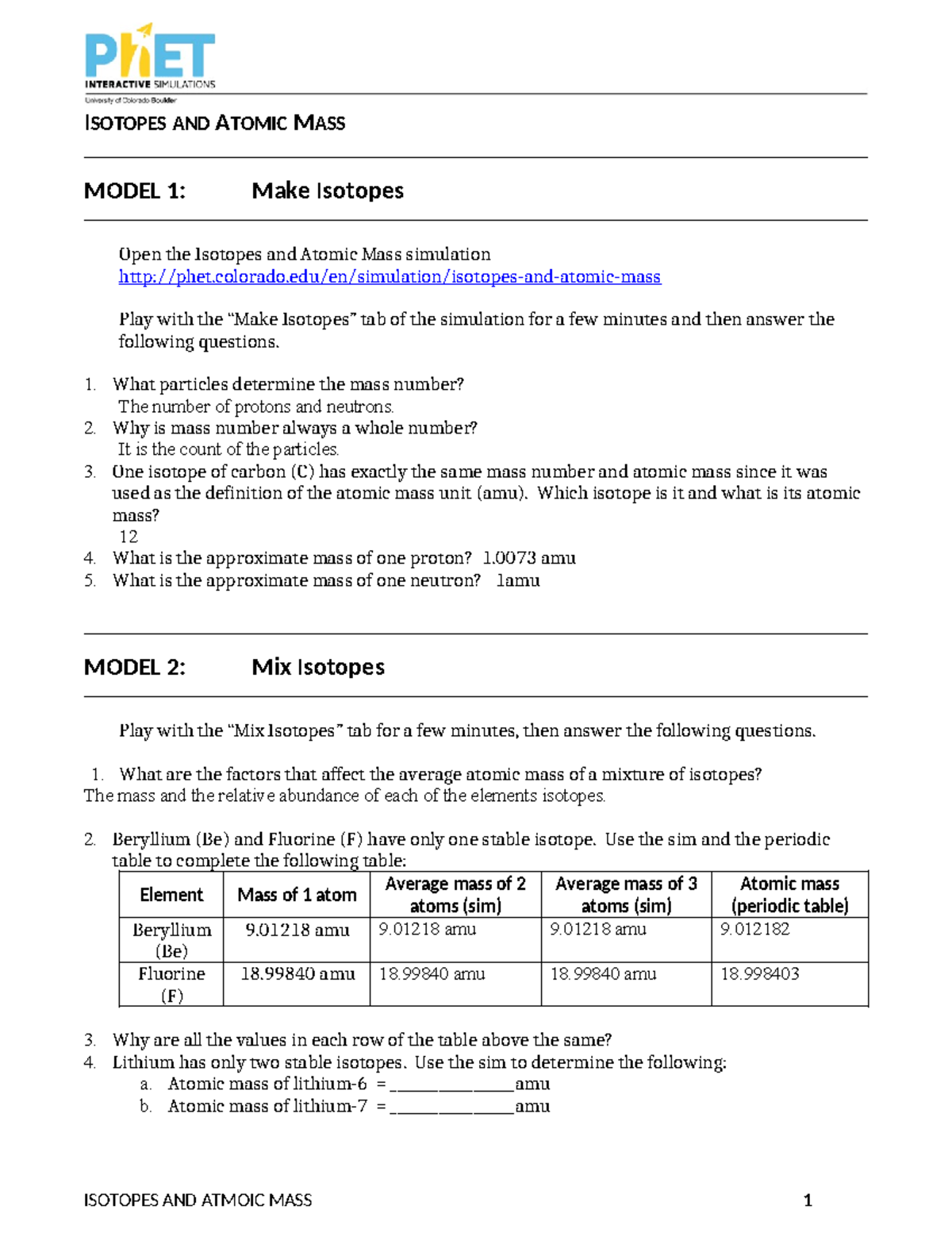 Isotopes and Atomic Mass: Guided Inquiry Student Handout 2 - Studocu