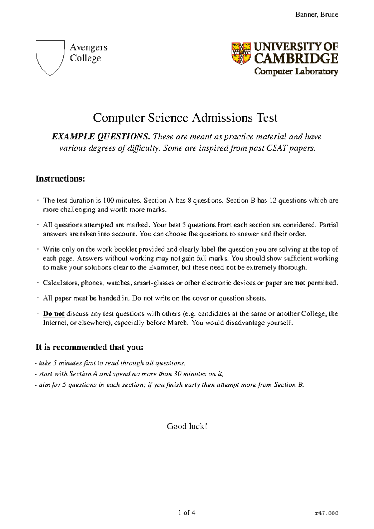 Avengers College CS Admissions Test Practice Questions (Sample Test 2 ...