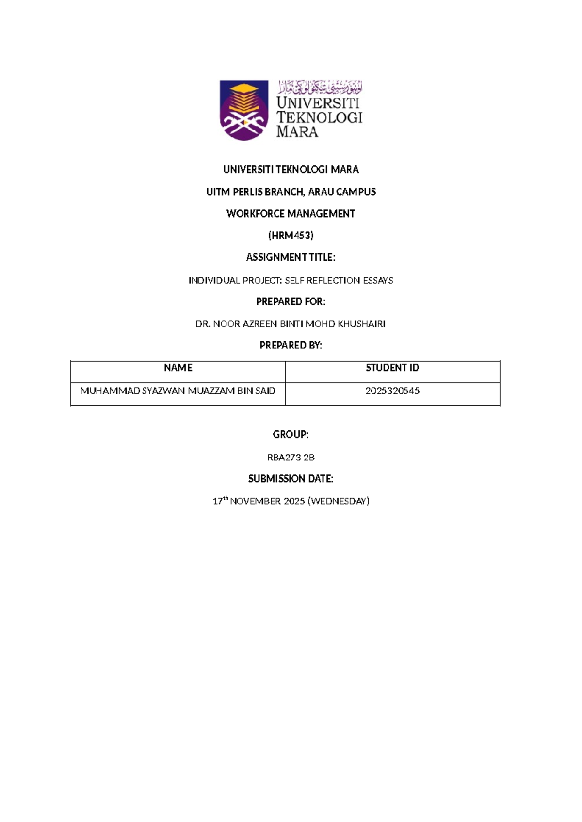 Self Reflection on HRM453: Insights and Learning Journey - Studocu