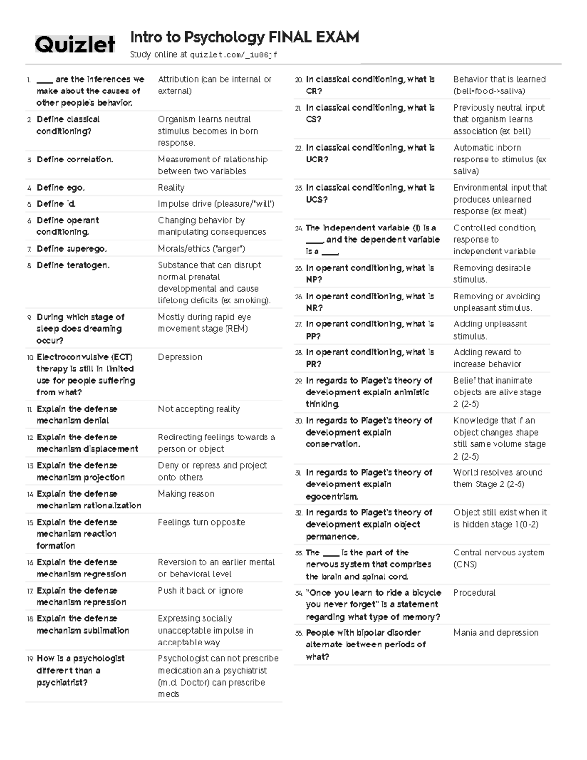 Quizlet - Flashcards for PSY 101 Intro to Psychology Final Exam - Studocu