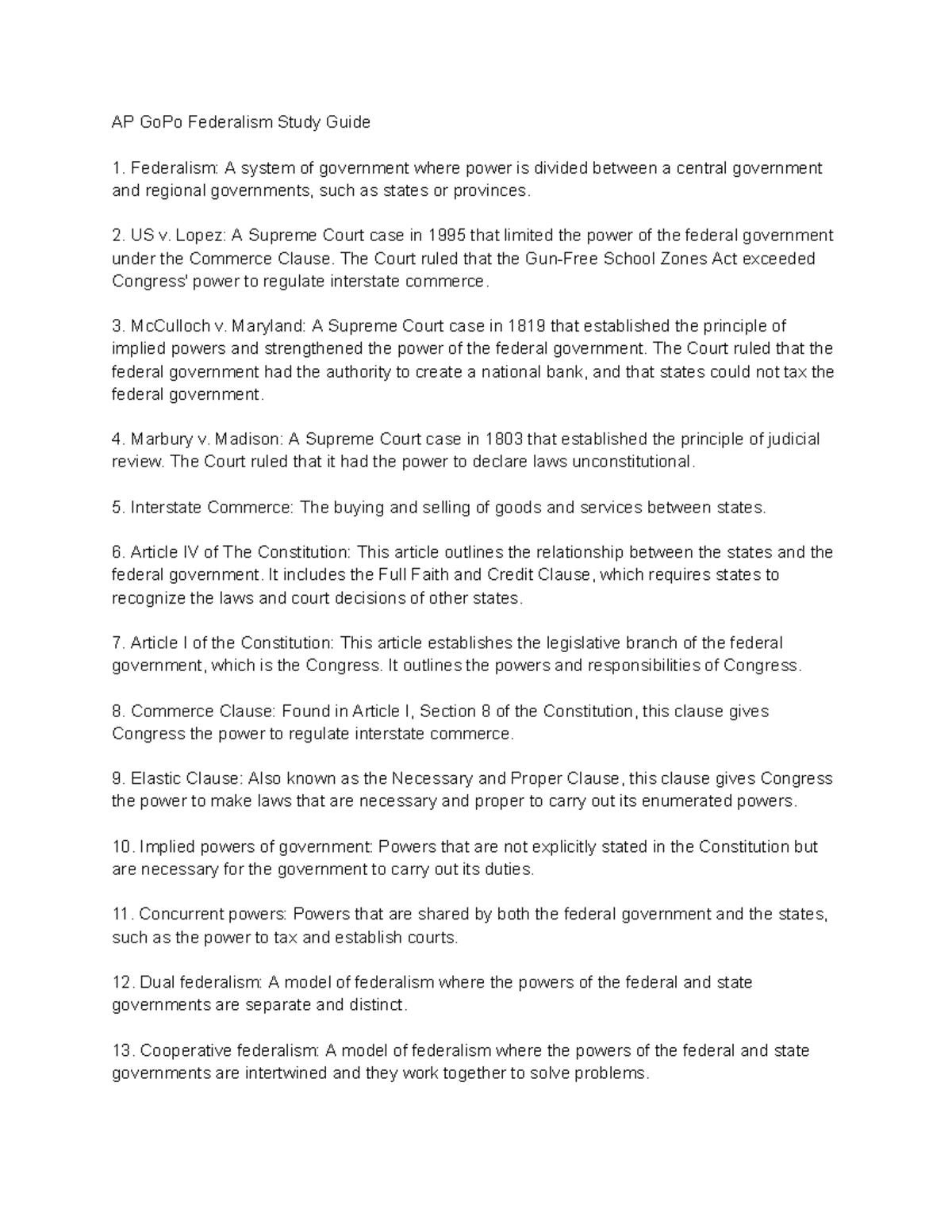 AP GoPo Federalism Study Guide: Key Concepts & Cases - Studocu