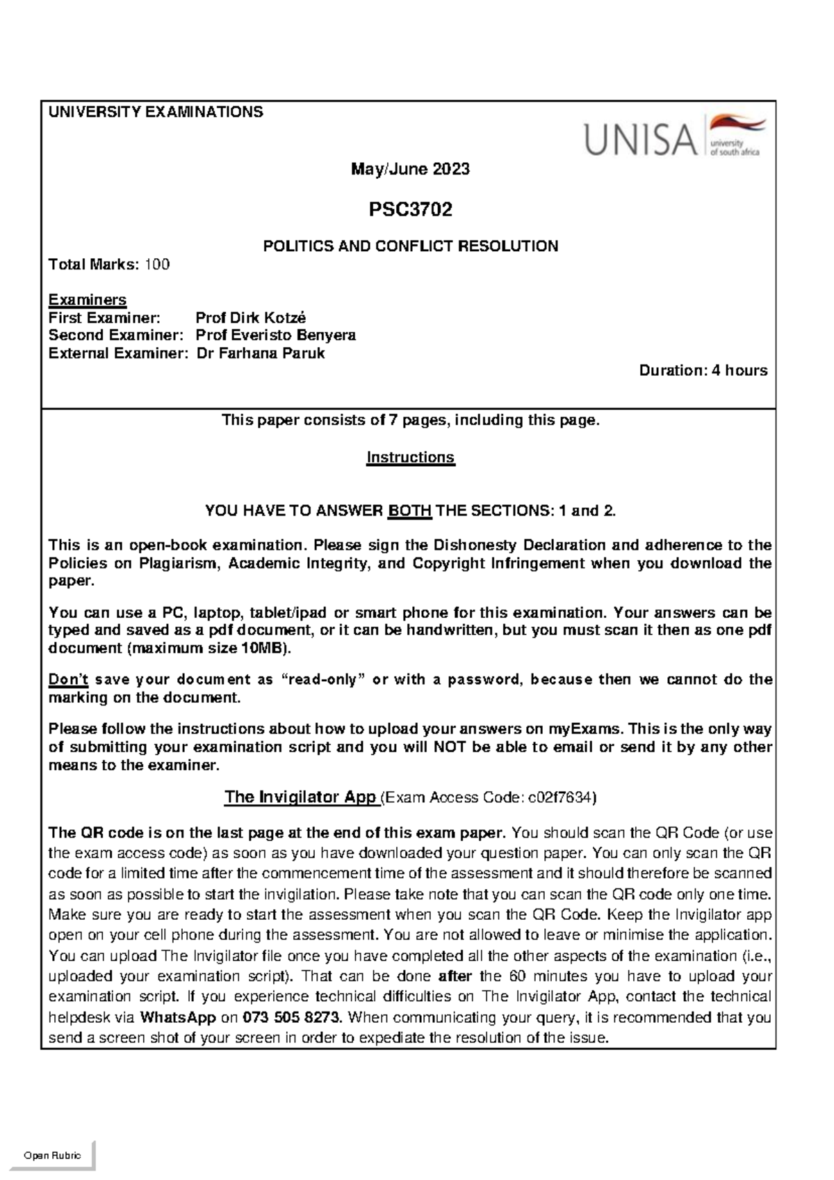 PSC3702 Final Exam: Politics and Conflict Resolution 2023 - Studocu