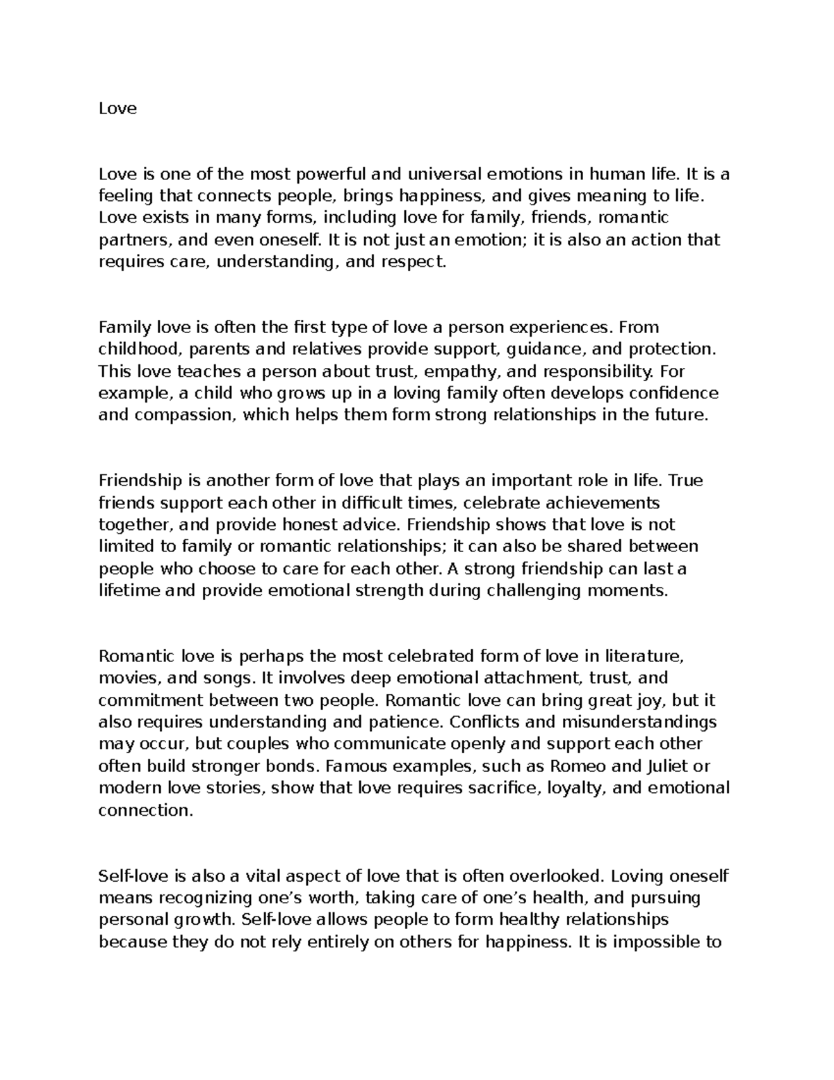 LOVE - Essay on the Power and Forms of Love - Studocu