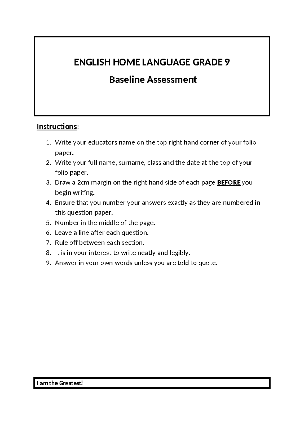 ENGLISH HOME LANGUAGE GRADE 9 Baseline Assessment Guide - Studocu