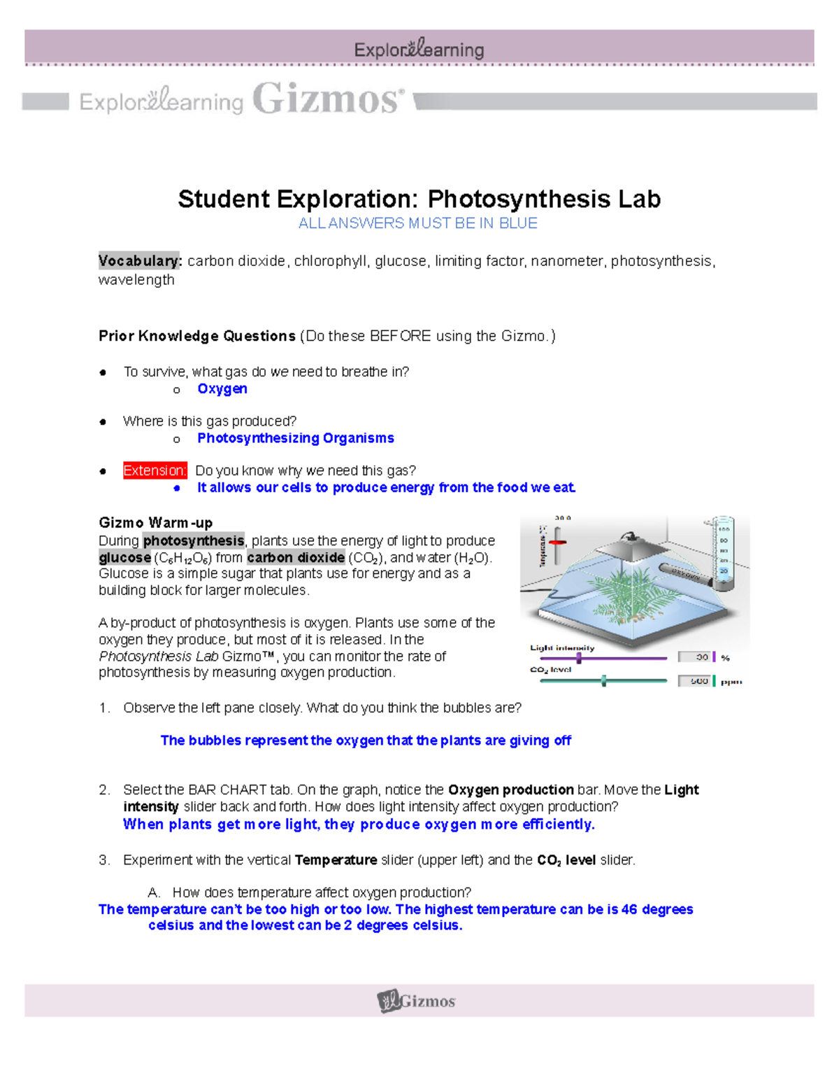 Photosynthesis Lab Exploration - Gizmo Activity SE Guide - Studocu