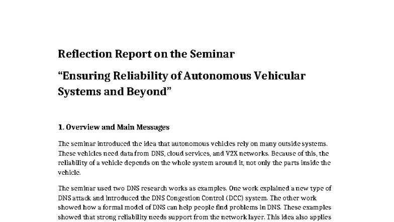 Reflection Report on Seminar: Reliability of Autonomous Vehicles - Studocu