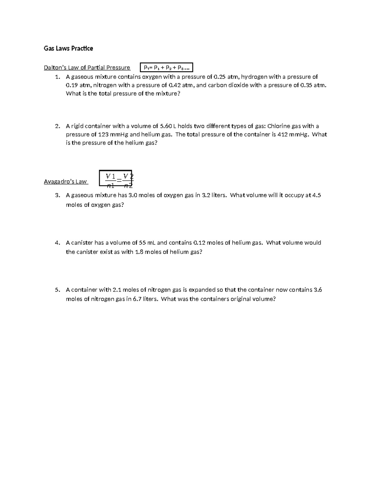 Gas Laws Practice: Partial Pressure & Volume Calculations - Studocu